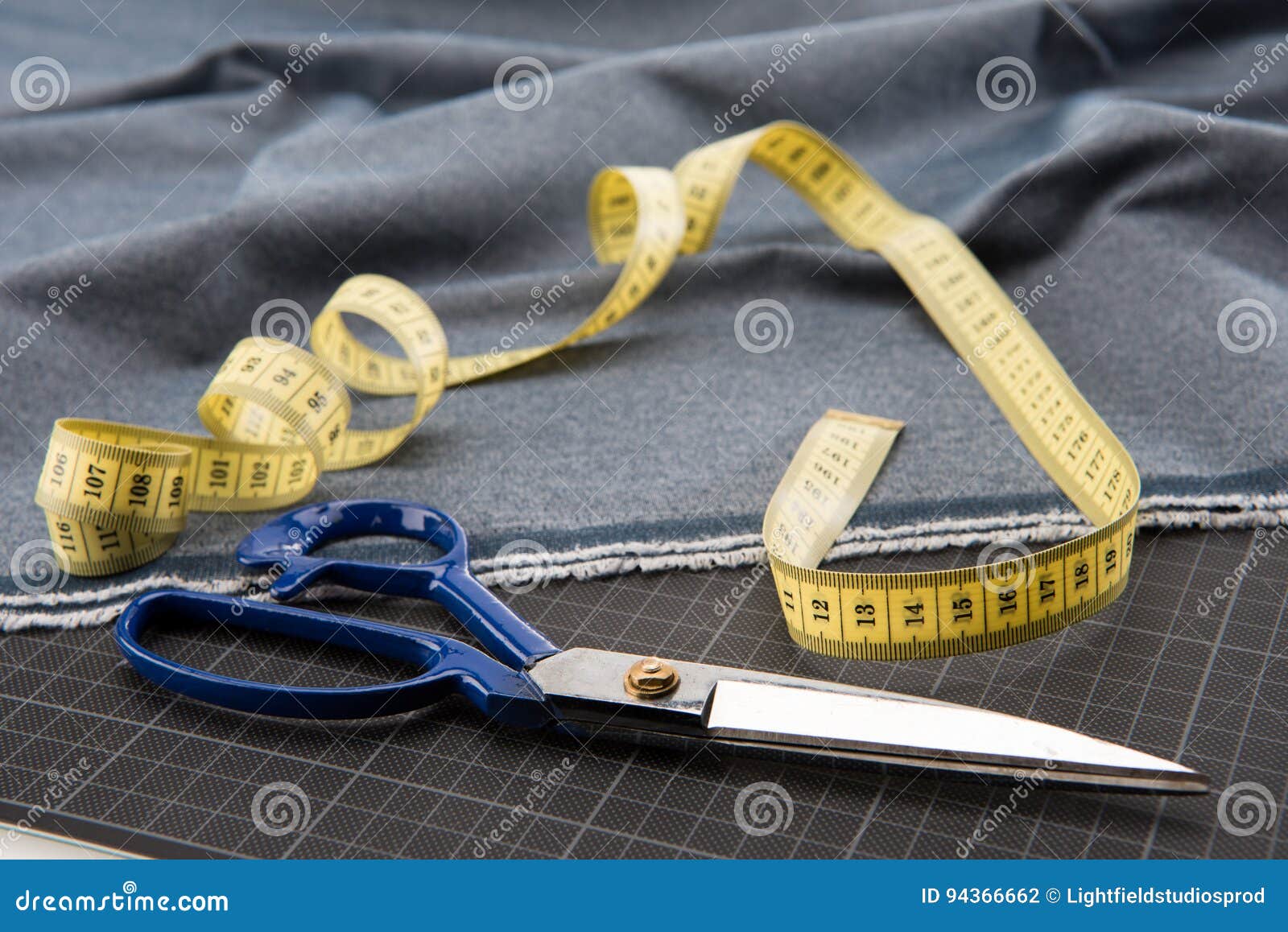 Fabric, Scissors and Measuring Tape for Dressmaking Stock Photo - Image ...