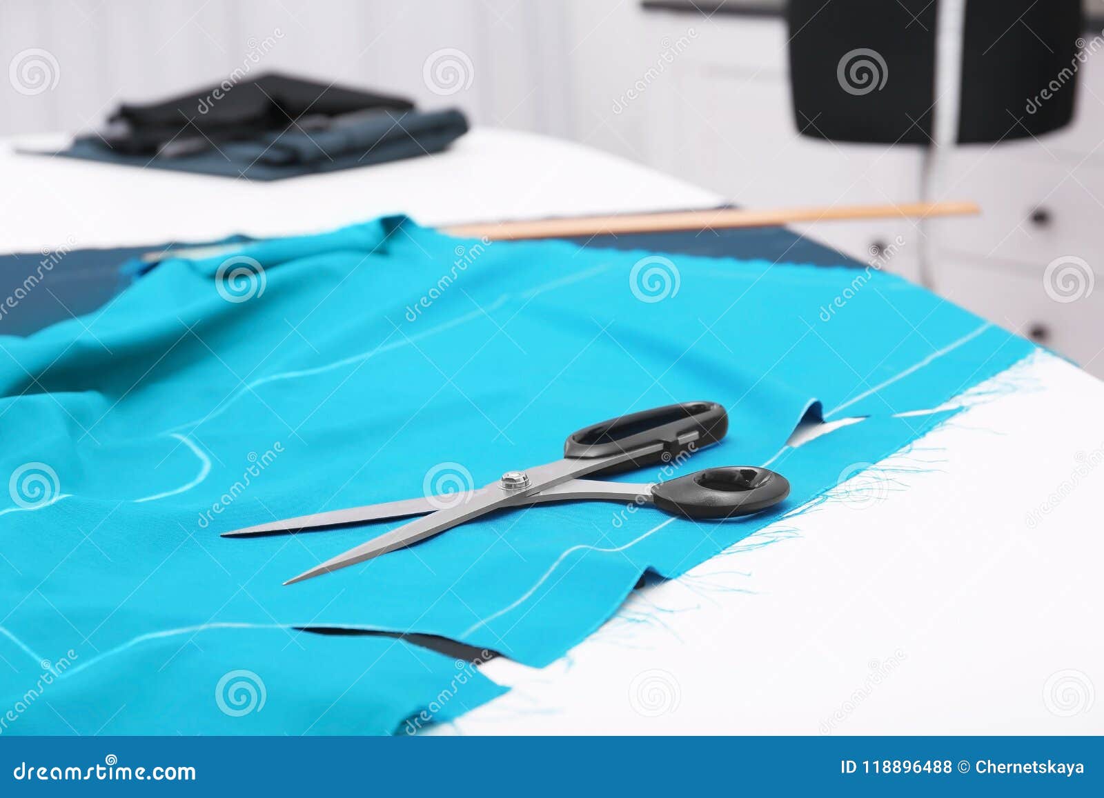 Fabric and Scissors on Table in Tailor Stock Photo - Image of bespoke ...
