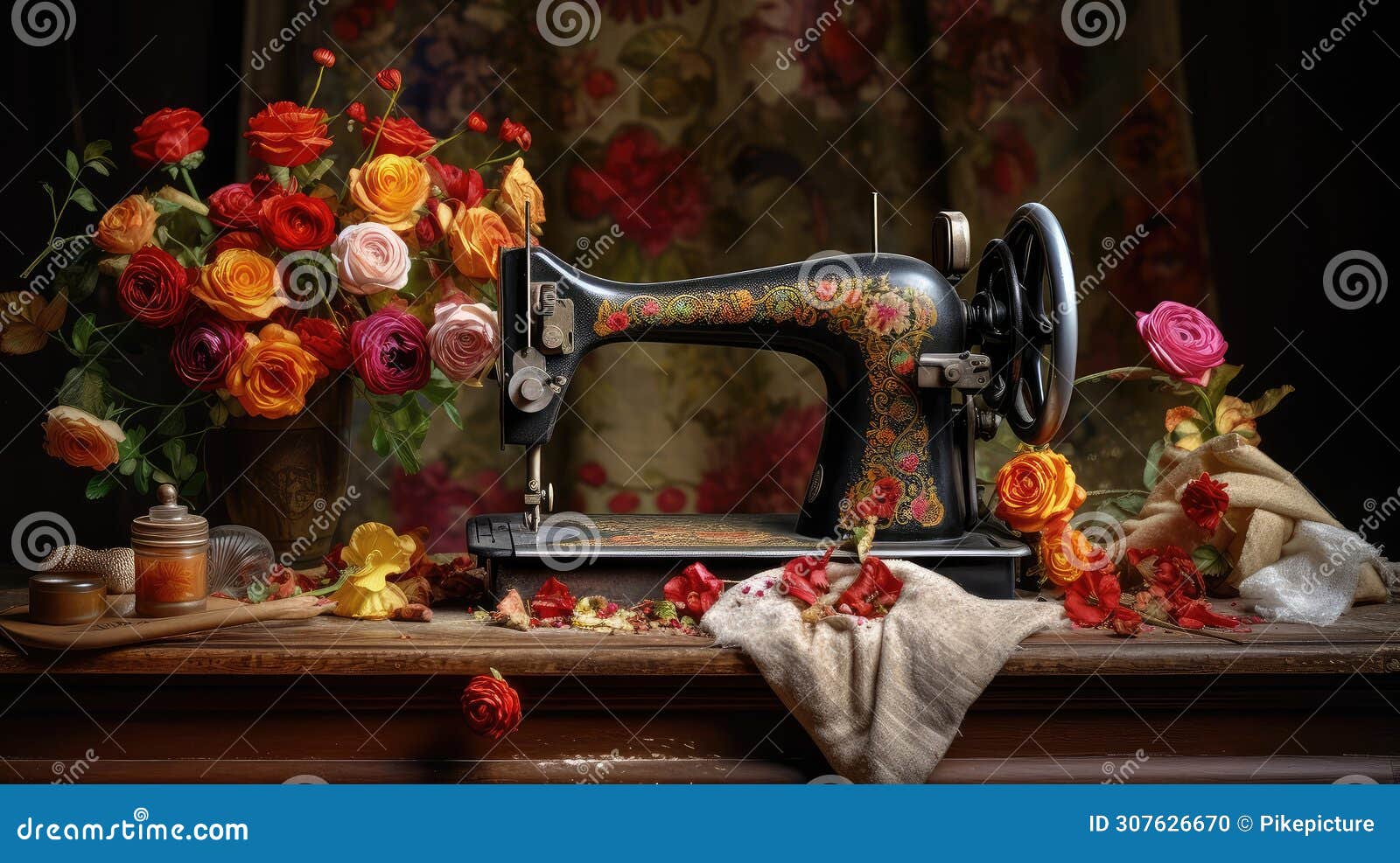 Fabric Sewing Machine with Flowers Stock Illustration - Illustration of ...