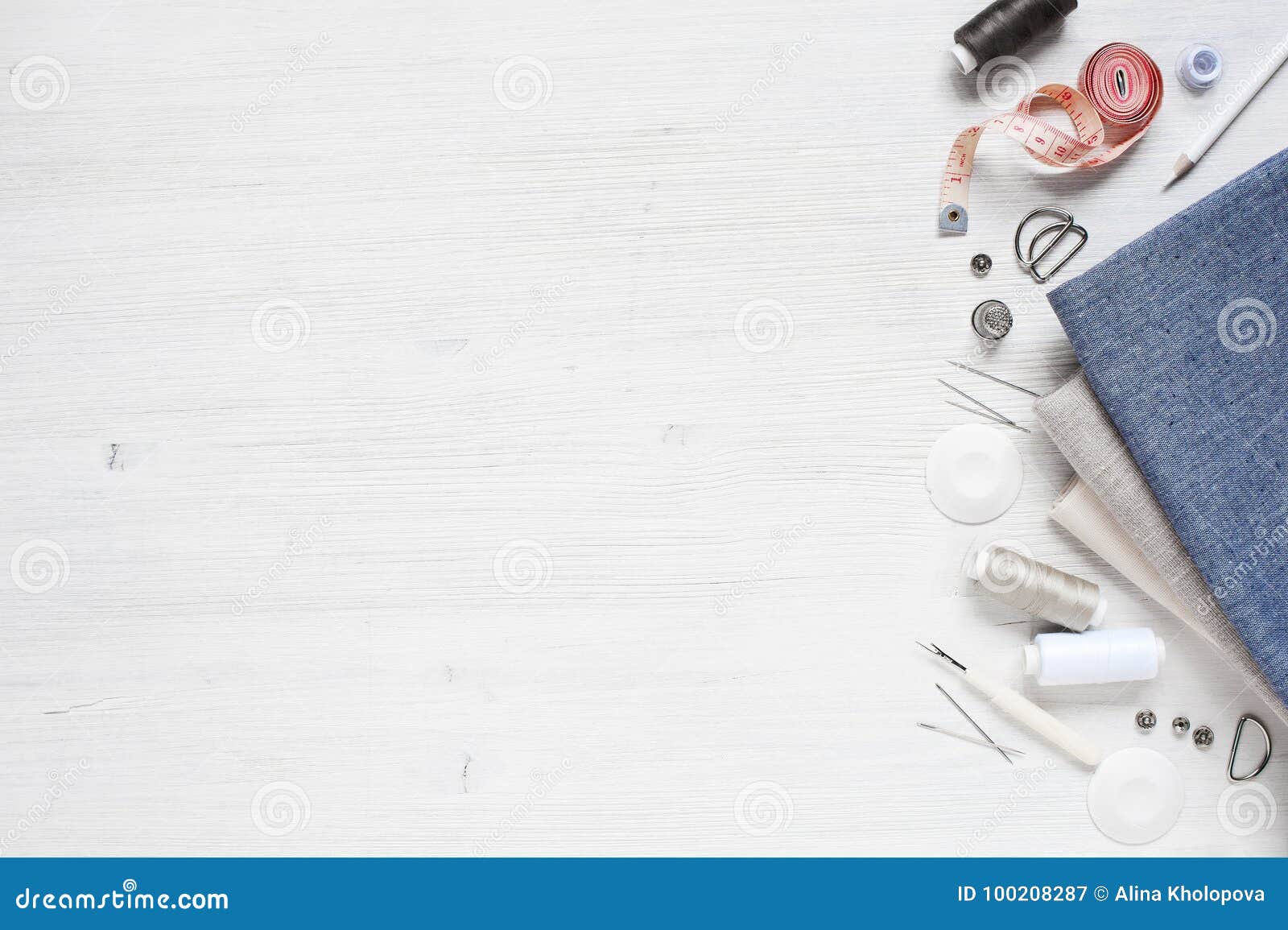 Fabric and sewing tools stock image. Image of tape, tools - 100208287