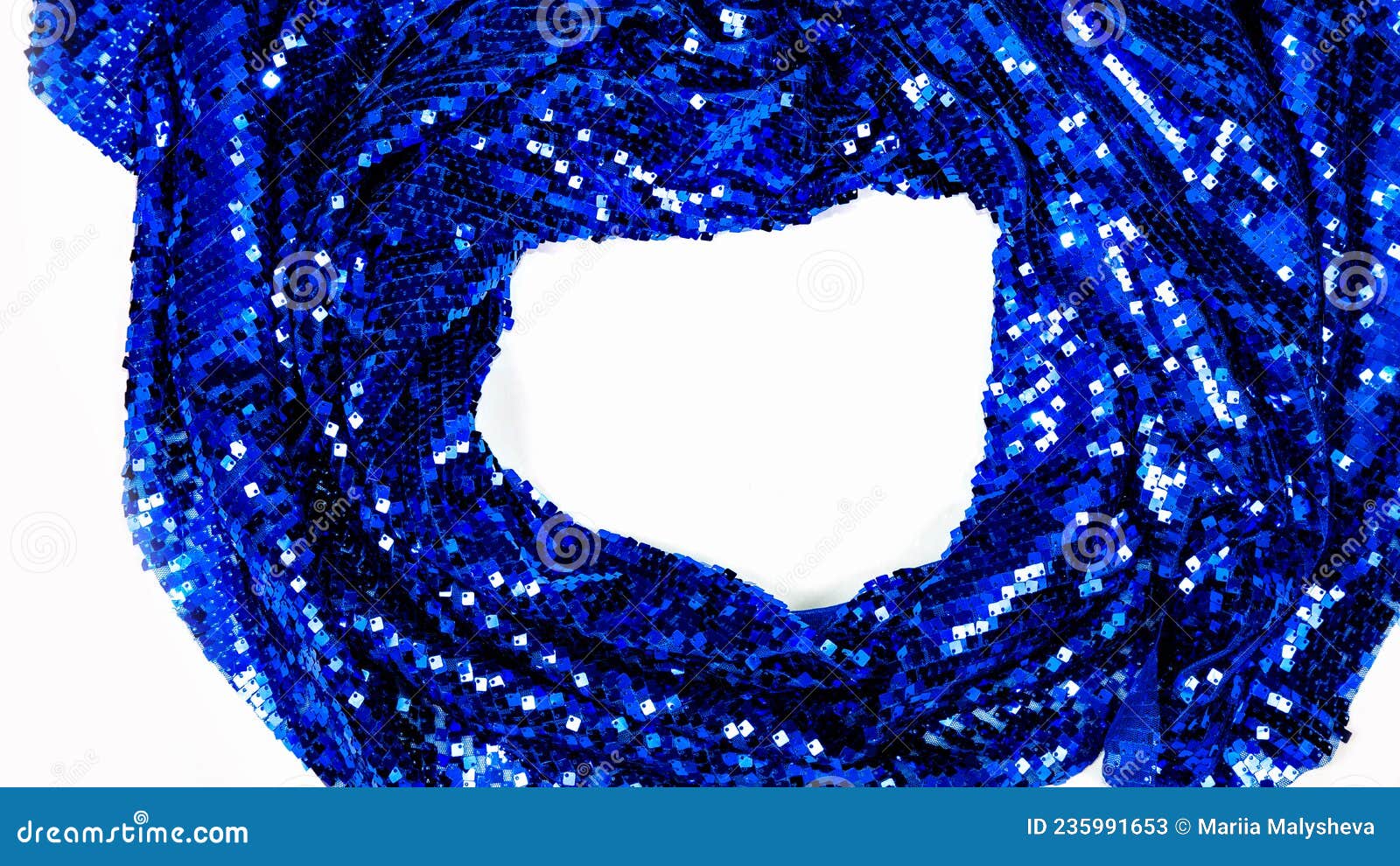Fabric with Shiny Blue Sequins on White Background. Space for Text ...