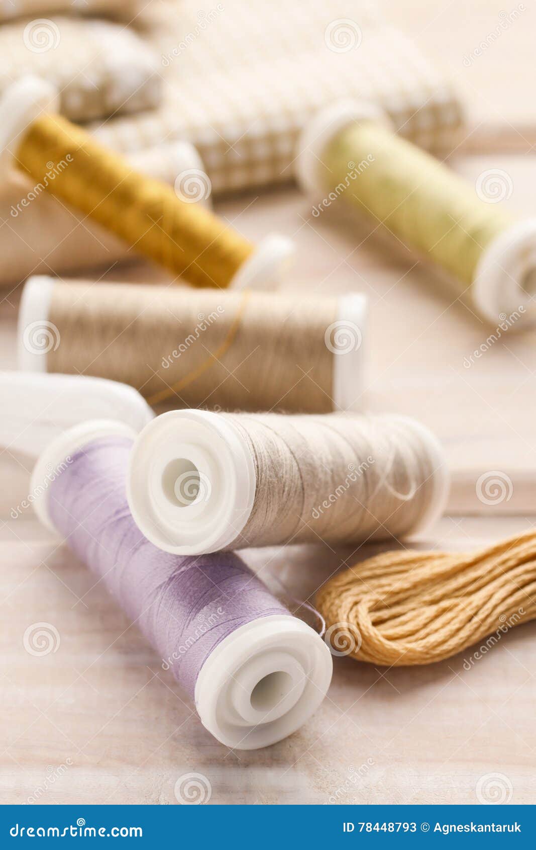 Fabrics and Threads on Wooden Table Stock Image - Image of stitch ...