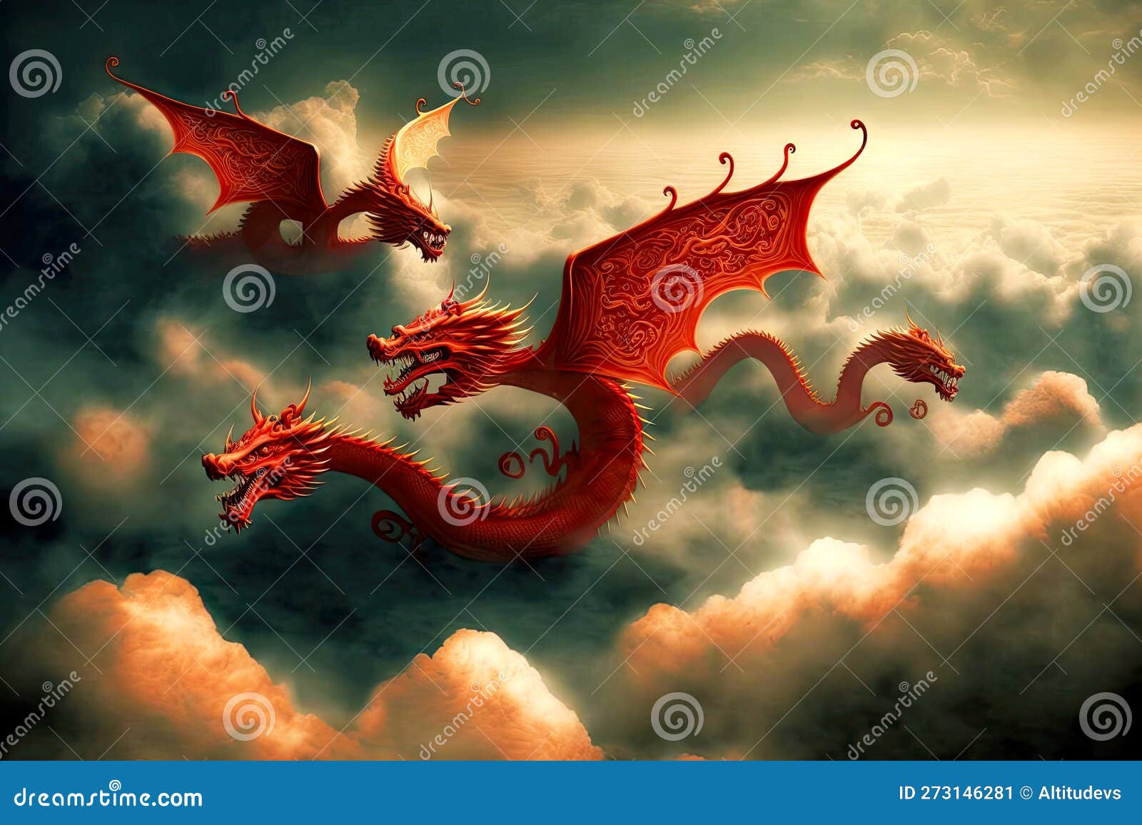 Fabulous Chinese Red Dragons Fly among White Clouds Stock Illustration ...