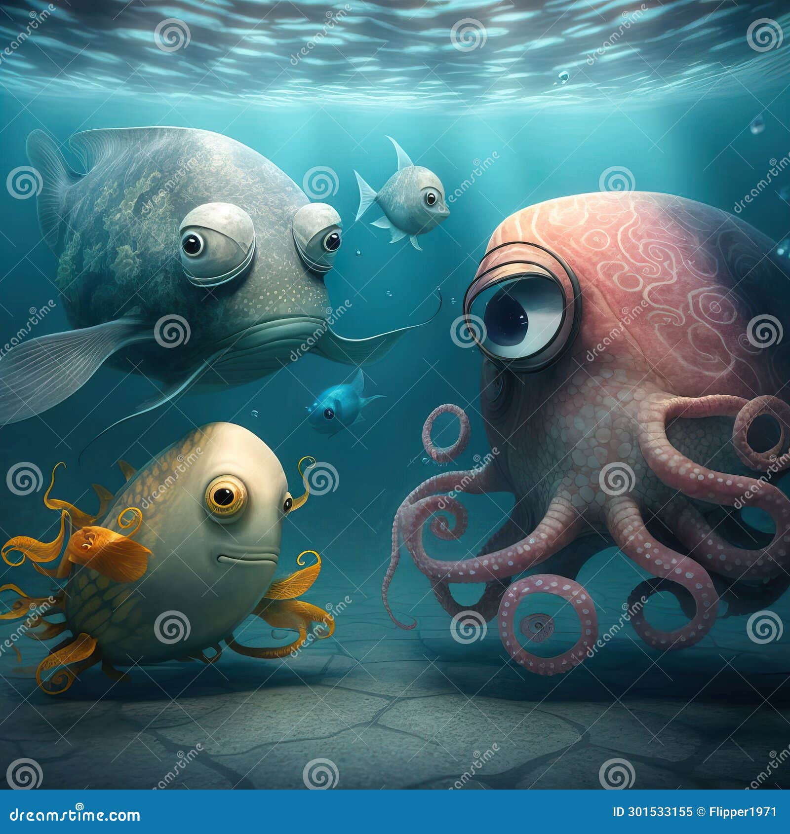 Fabulous Fish and Octopus are Talking at the Bottom of the Ocean. Stock ...