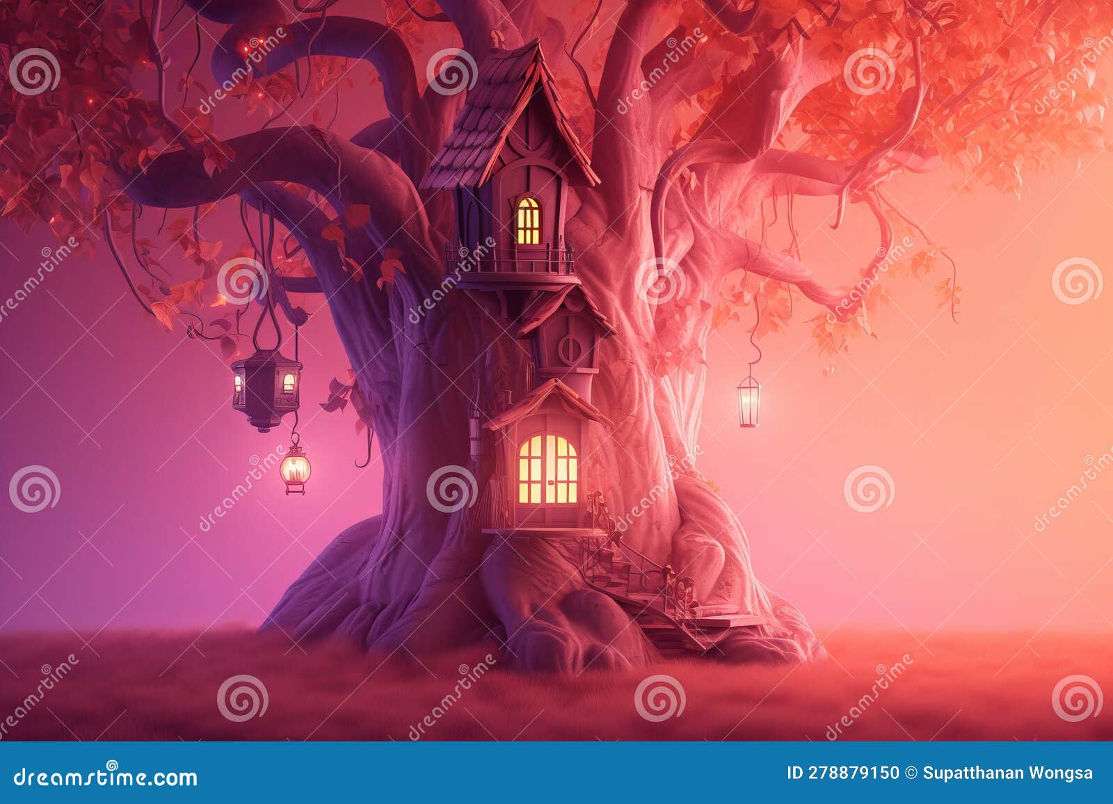 Fabulous House in the Pink Tree from Generative Ai Stock Illustration ...