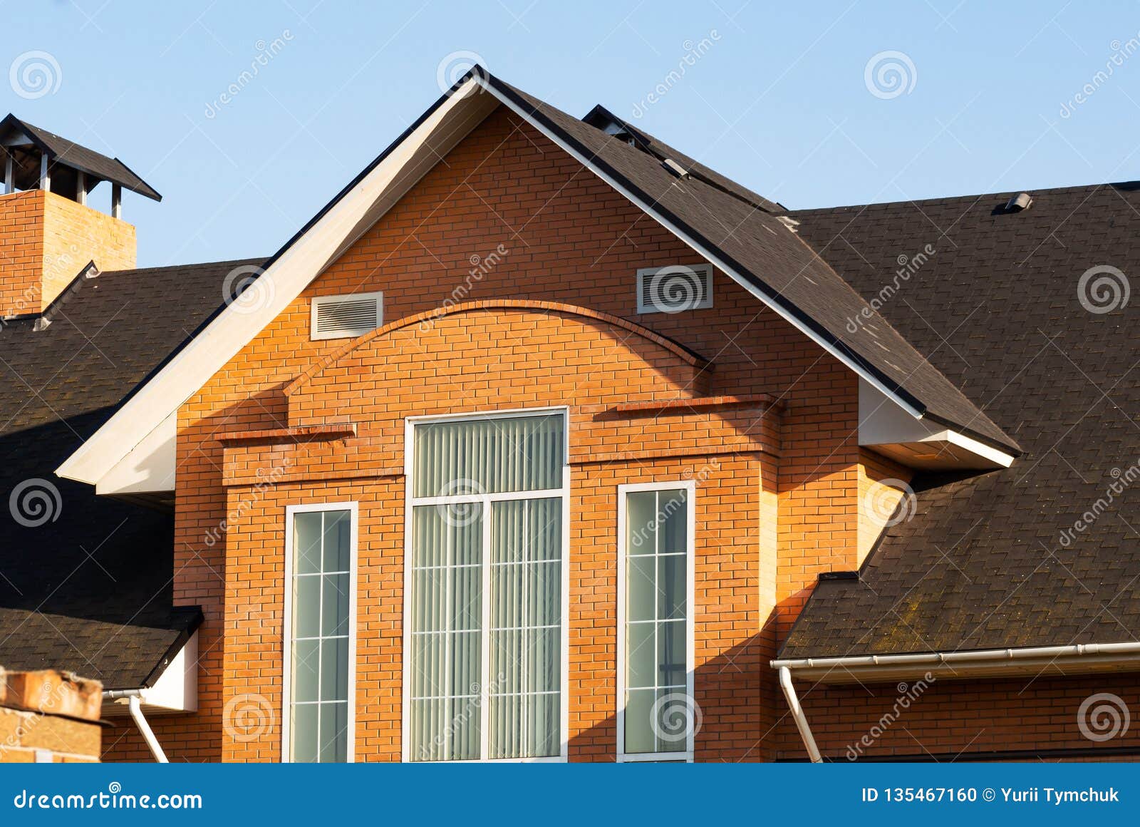 Facade of Brick Mansion with Three Rectangular Windows, Chimney and ...