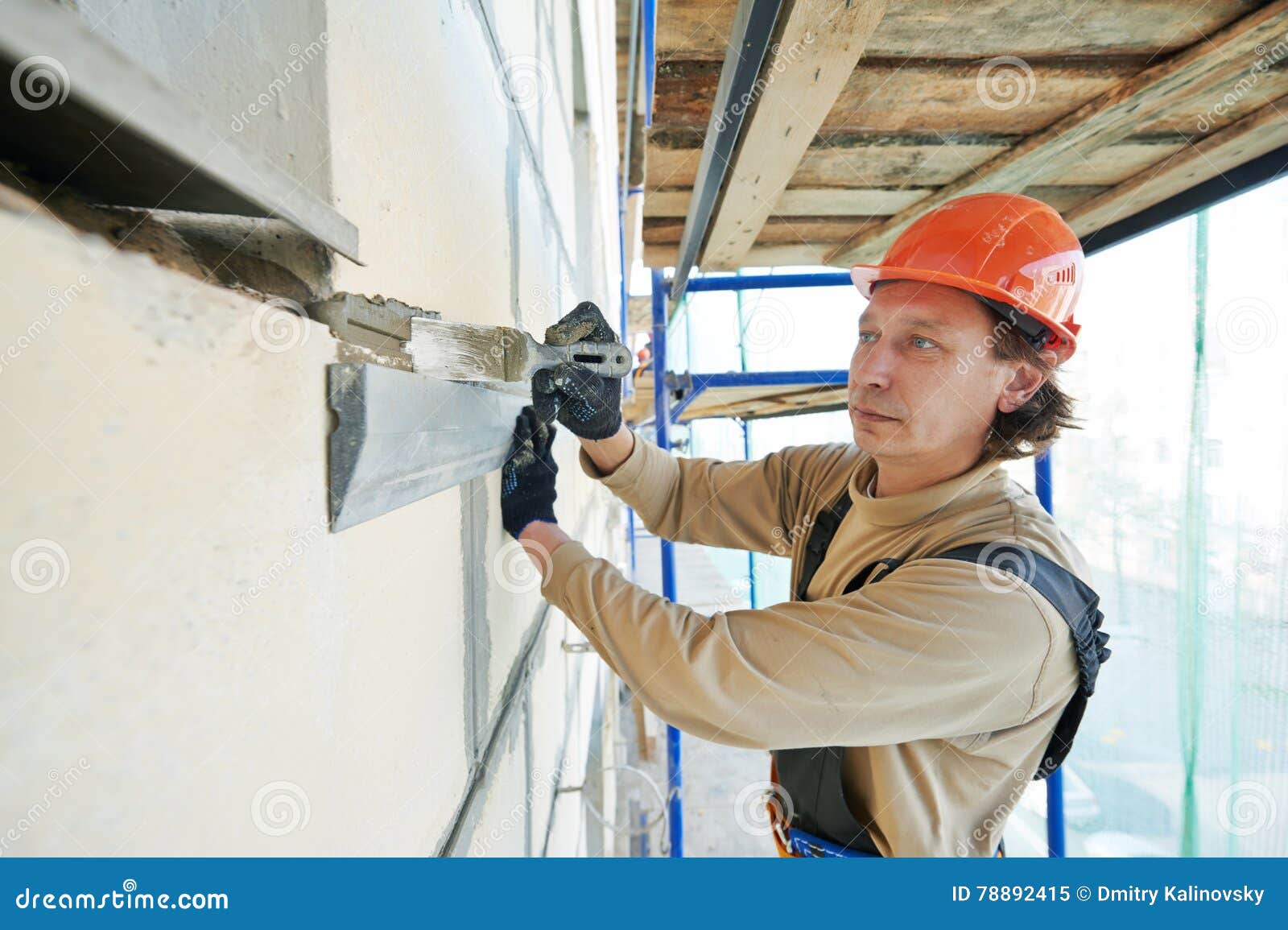 Facade Builder Plasterer at Work Stock Image - Image of painting ...
