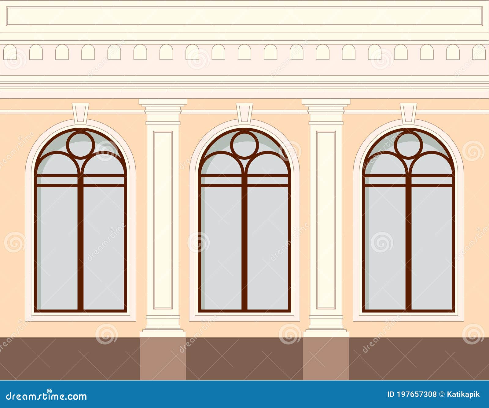 Facade of the Building, One Floor with Windows and Decorative Elements ...