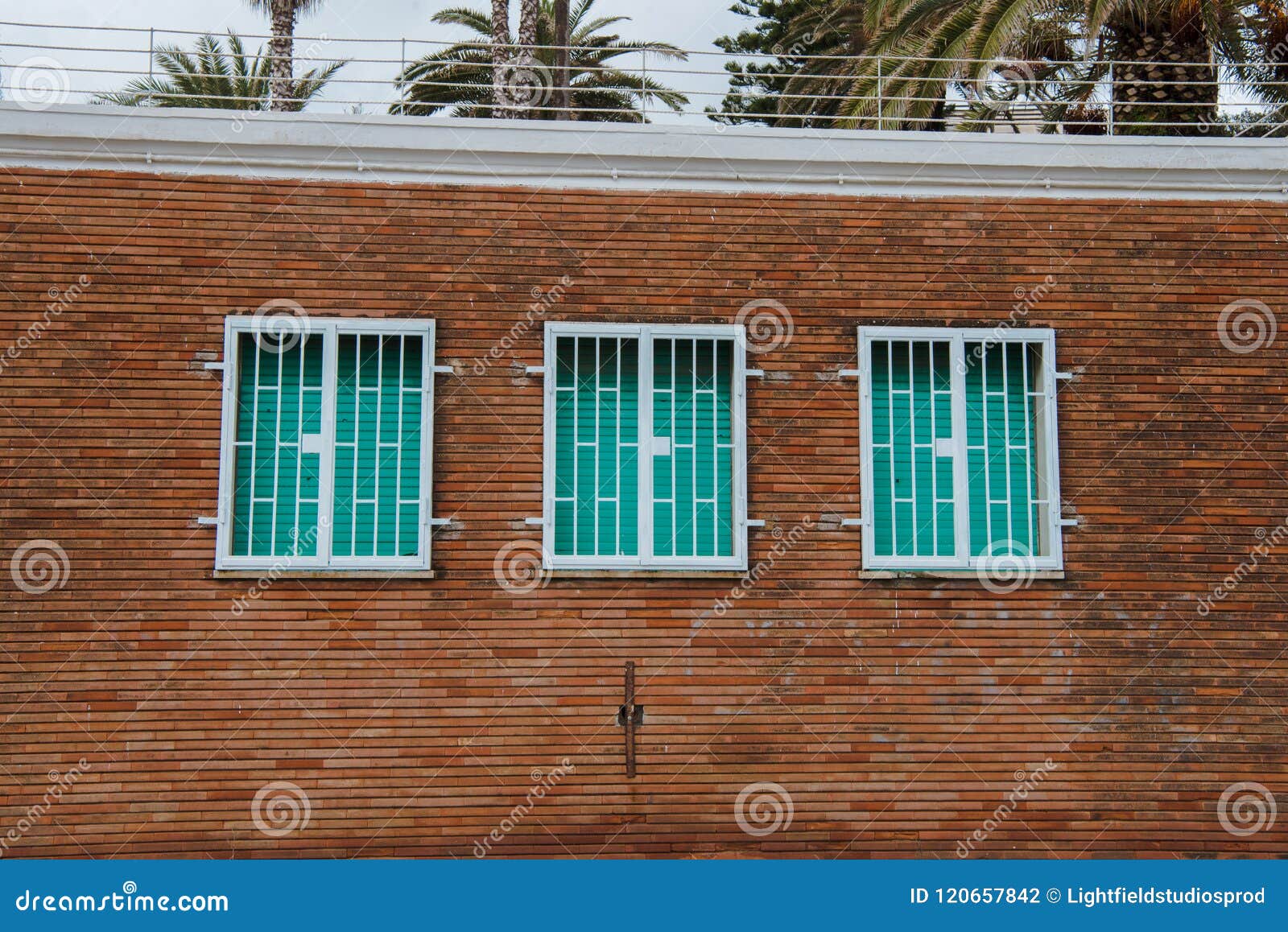 Facade of Building with Shuttered Windows in Front of Palms, Stock ...