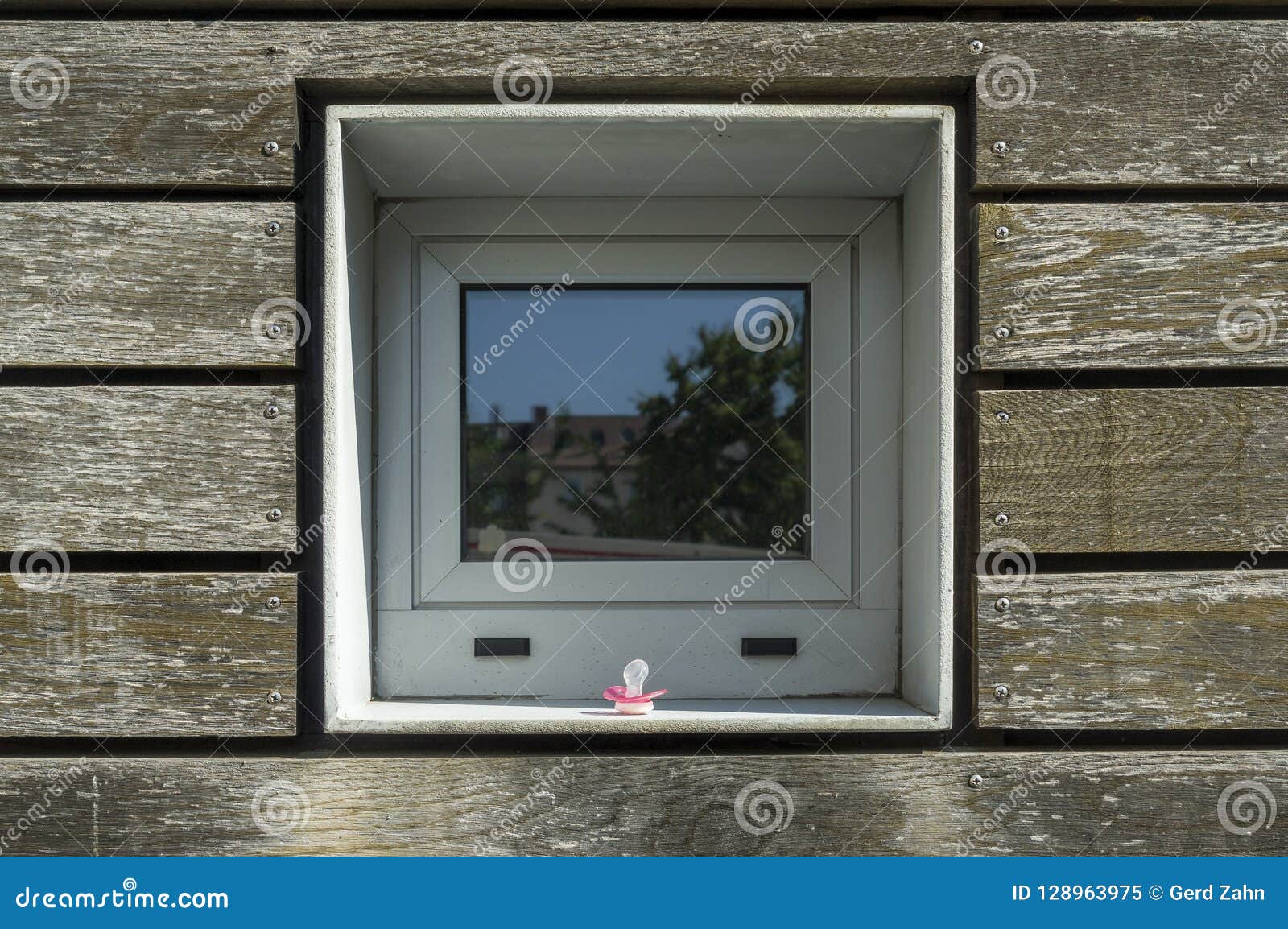 Facade Cutout with Wooden Paneling and Small Square Window with Stock ...