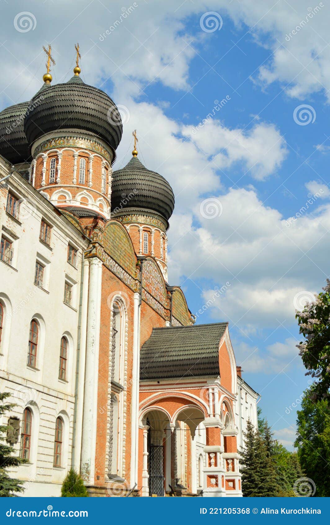 Facade and Domes of an Old Brick Christian Church Outside Stock Photo ...