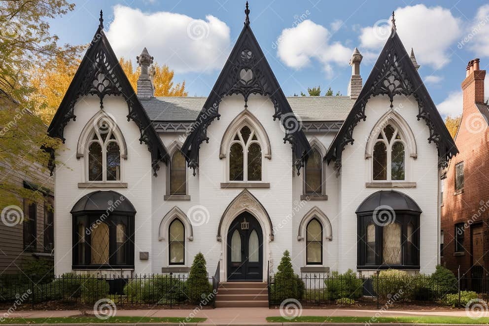 Facade of a Gothic Revival House with Pointed Arch Windows Stock Image - Image of house, vintage ...