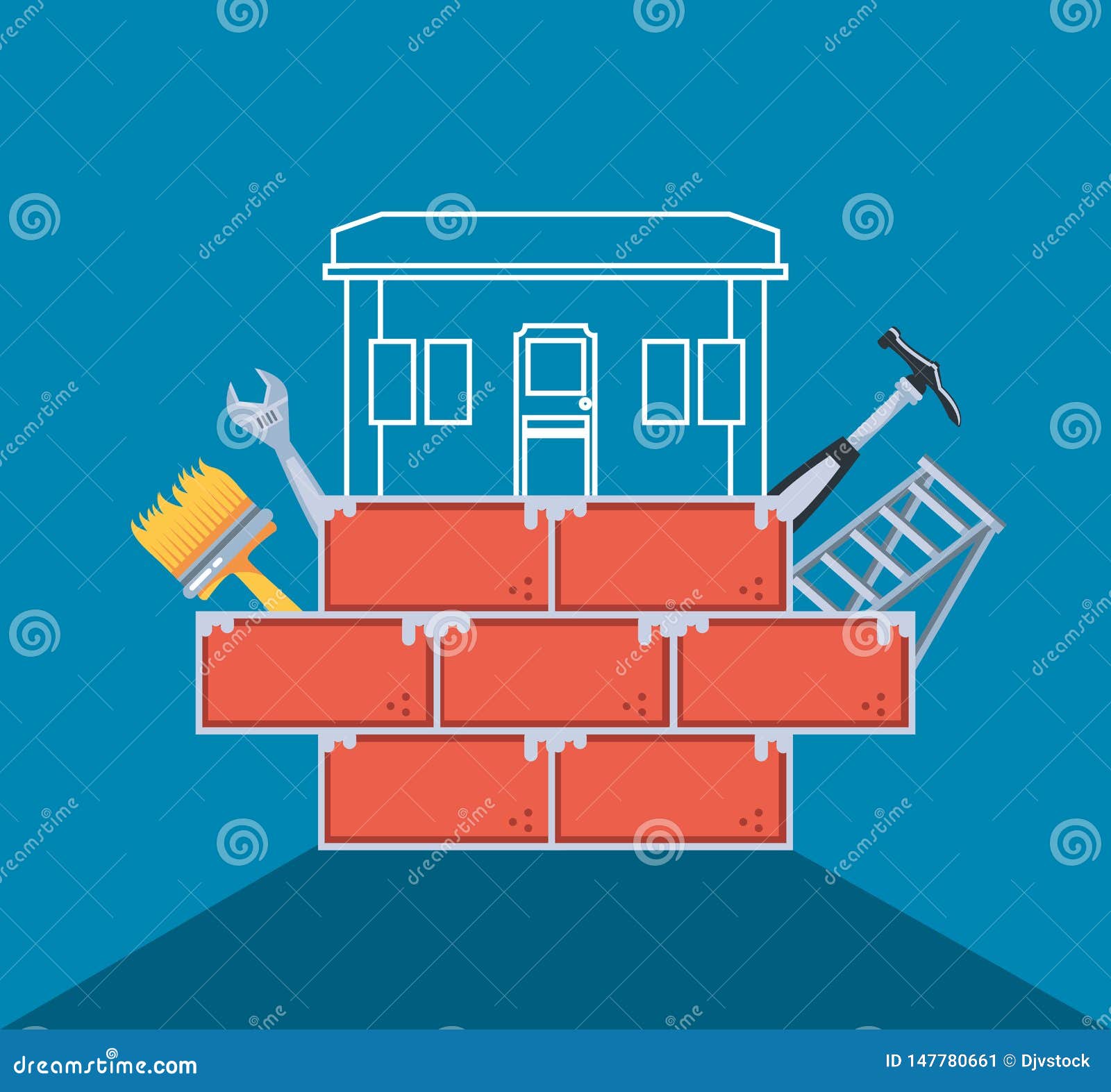 Facade of House Under Construction with Set Tools in Bricks Stock ...