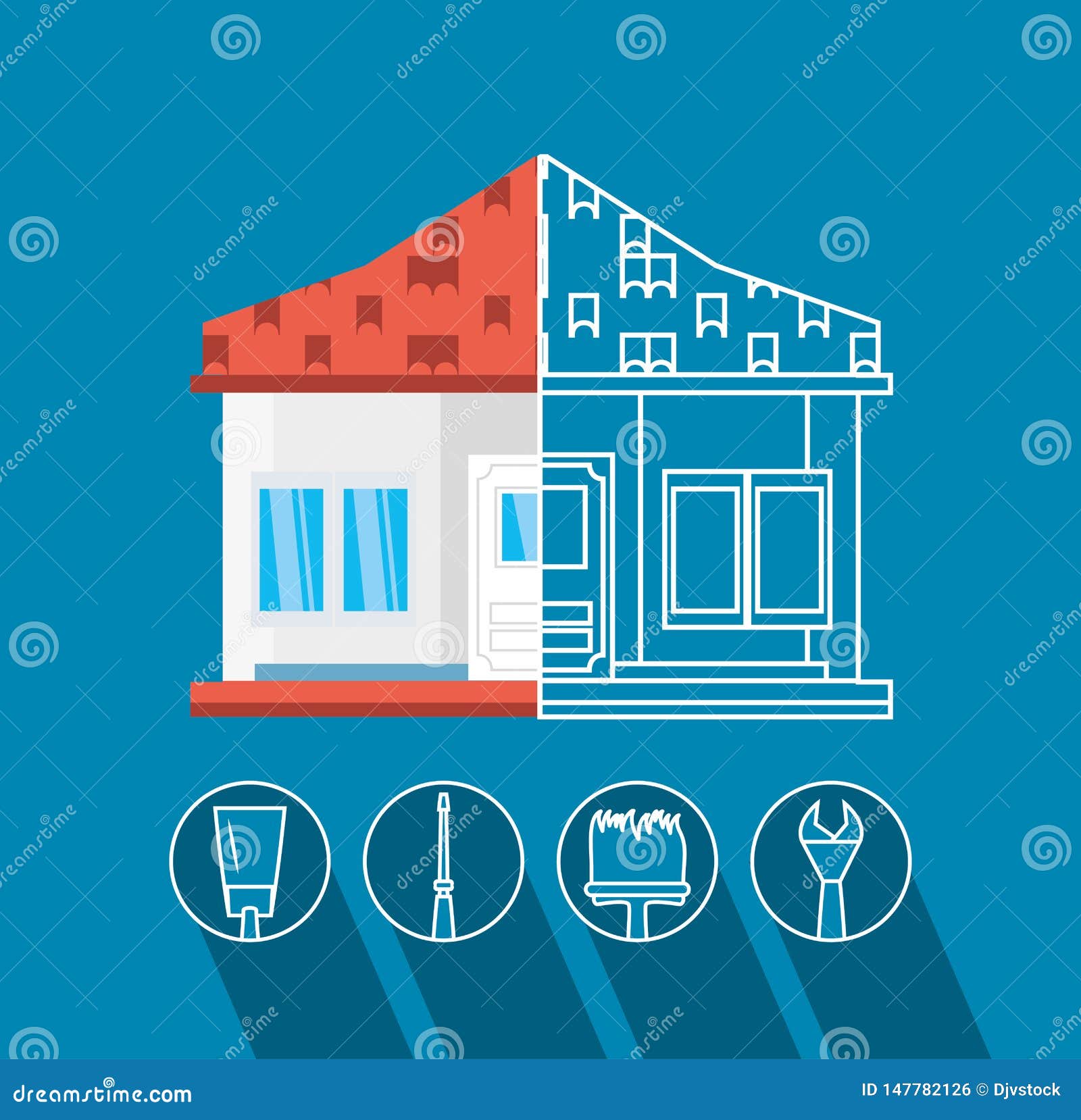Facade of House Under Construction with Set Tools Stock Illustration ...