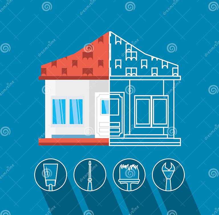 Facade of House Under Construction with Set Tools Stock Illustration ...