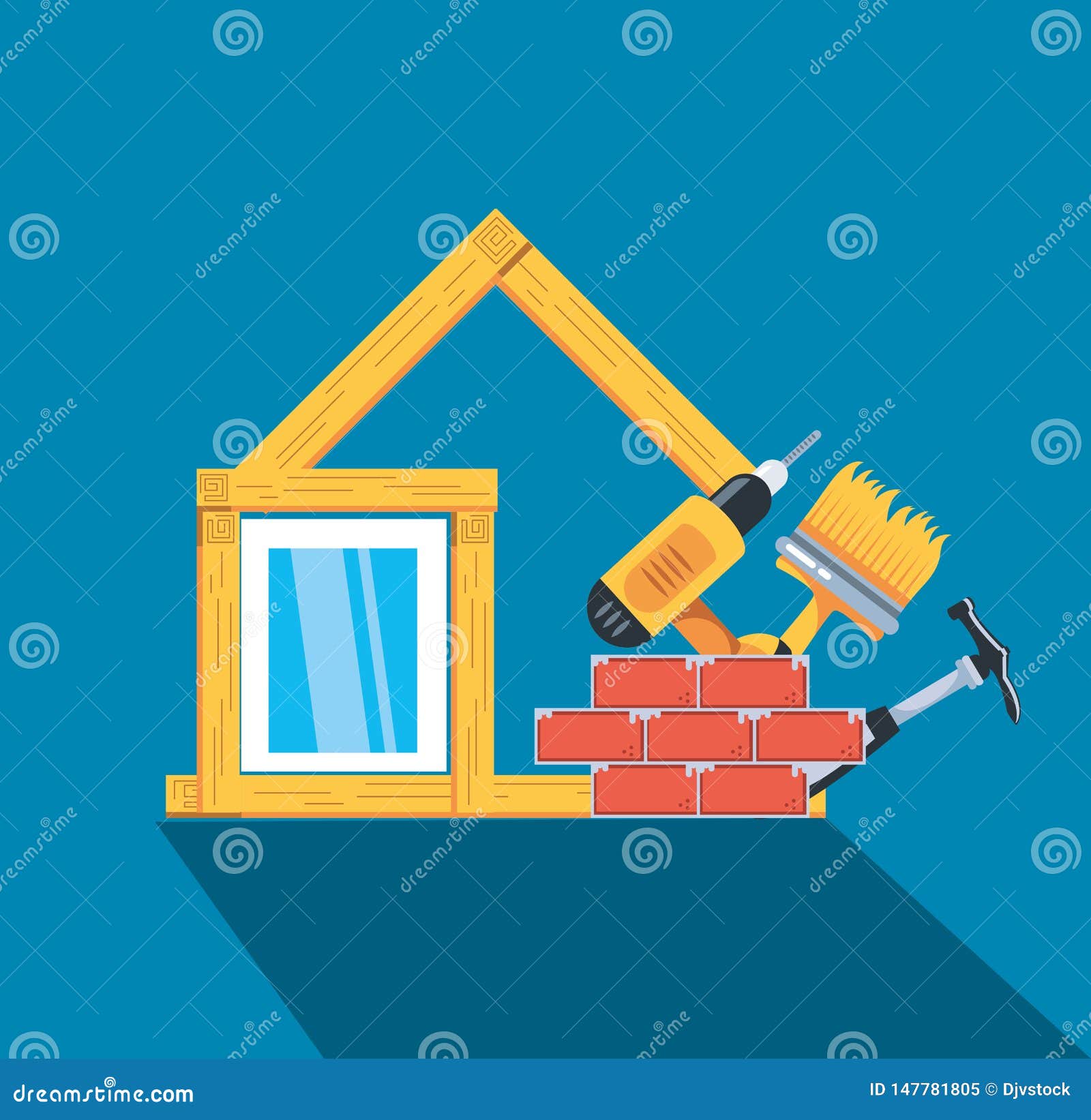 Facade of House in Wooden Under Construction with Set Tools Stock ...