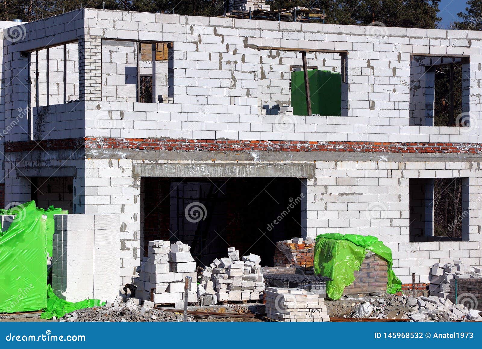 A Large White Unfinished Brick House on the Building Site Stock Photo ...