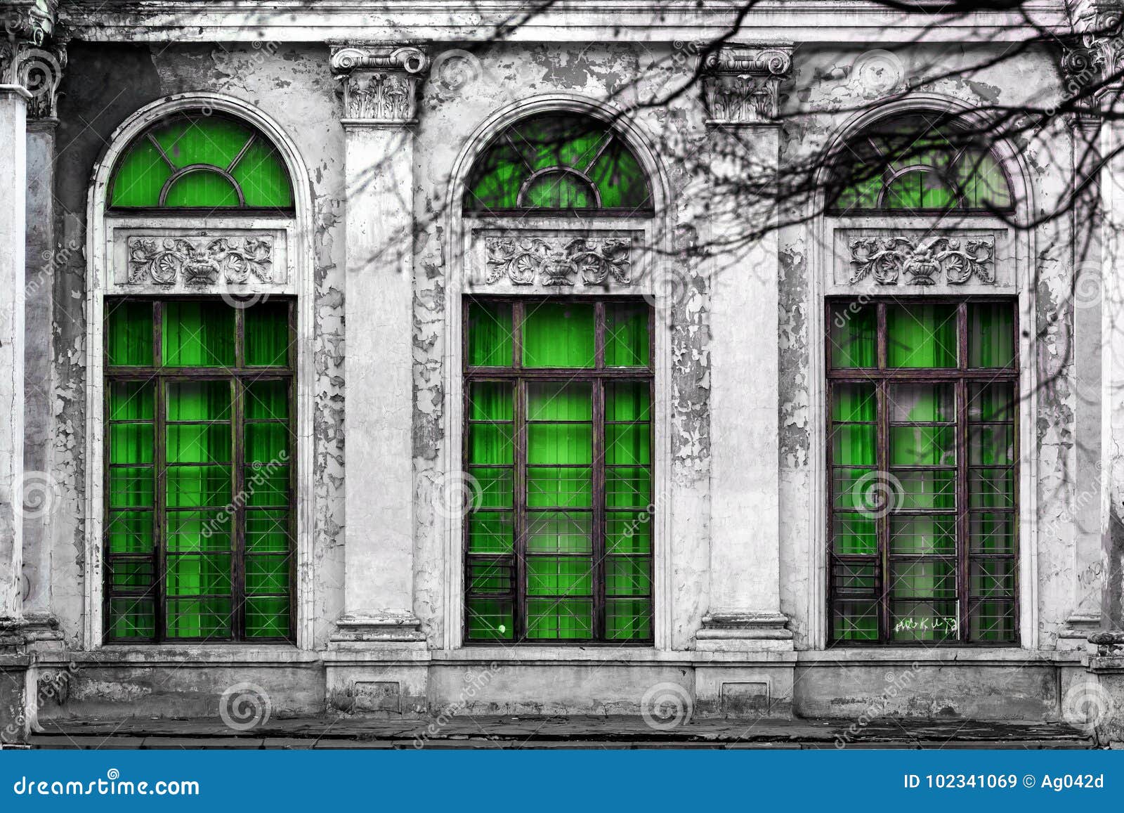 Facade of Old Abandoned Building with Three Large Arched Windows of ...
