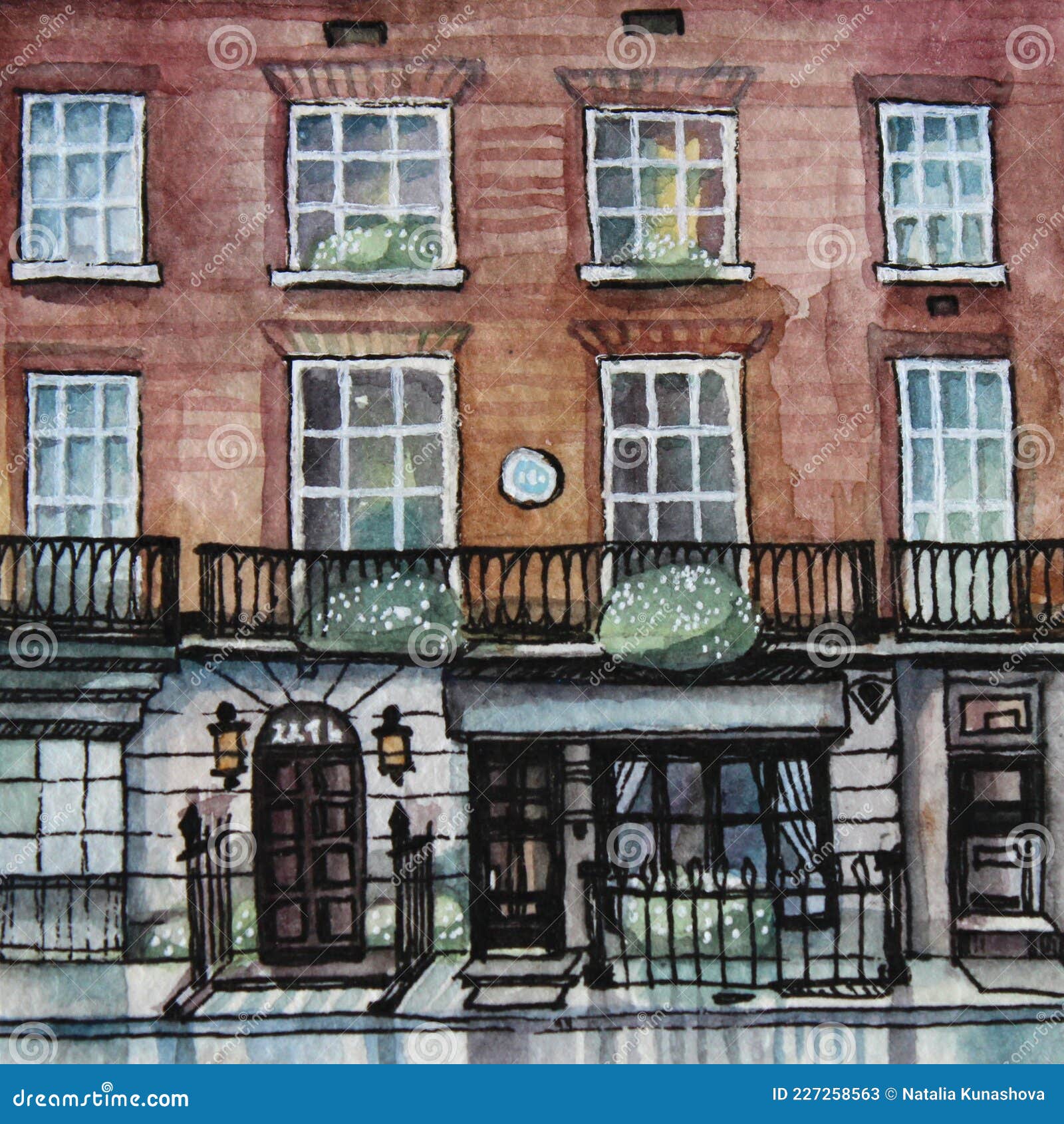 Facade of an Old Building Hand-drawn Watercolor, Pen Sketch. Stock ...