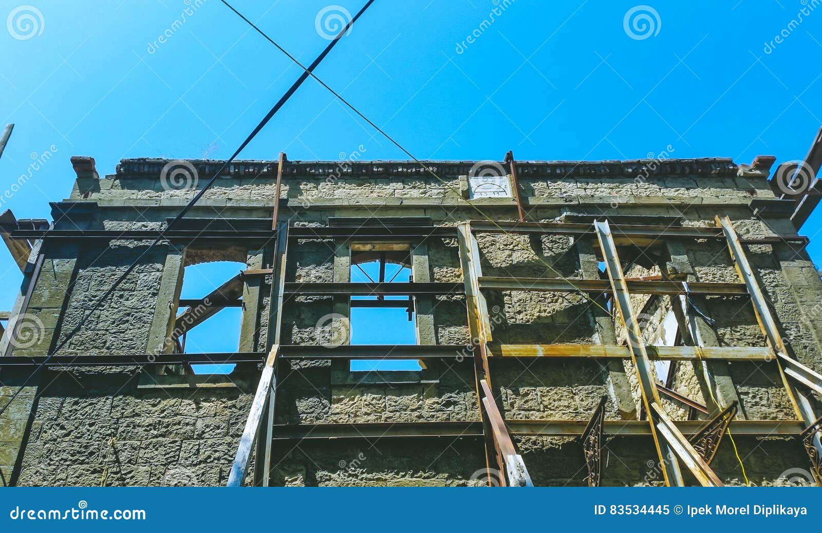 Facade of Old Destroyed Building Reinforced with Metal Beams Stock ...