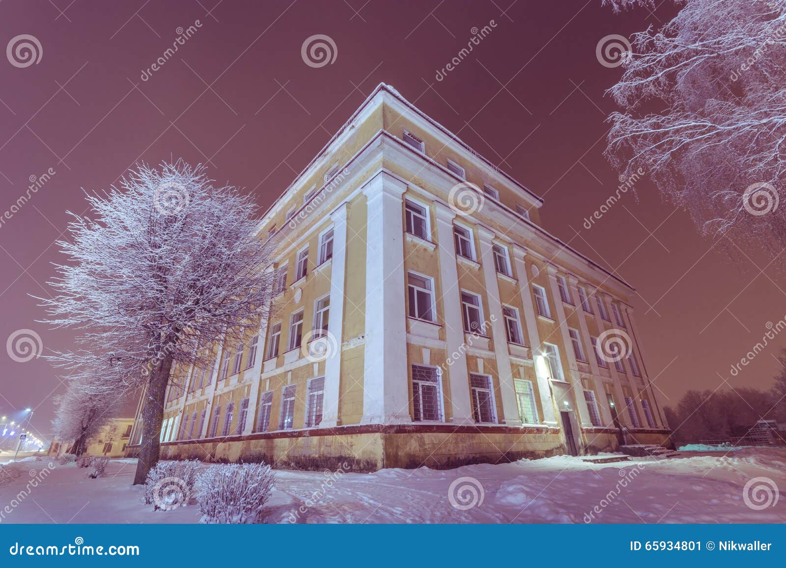 Facade of Old School Building. Winter Landscape. Night. Stock Image ...