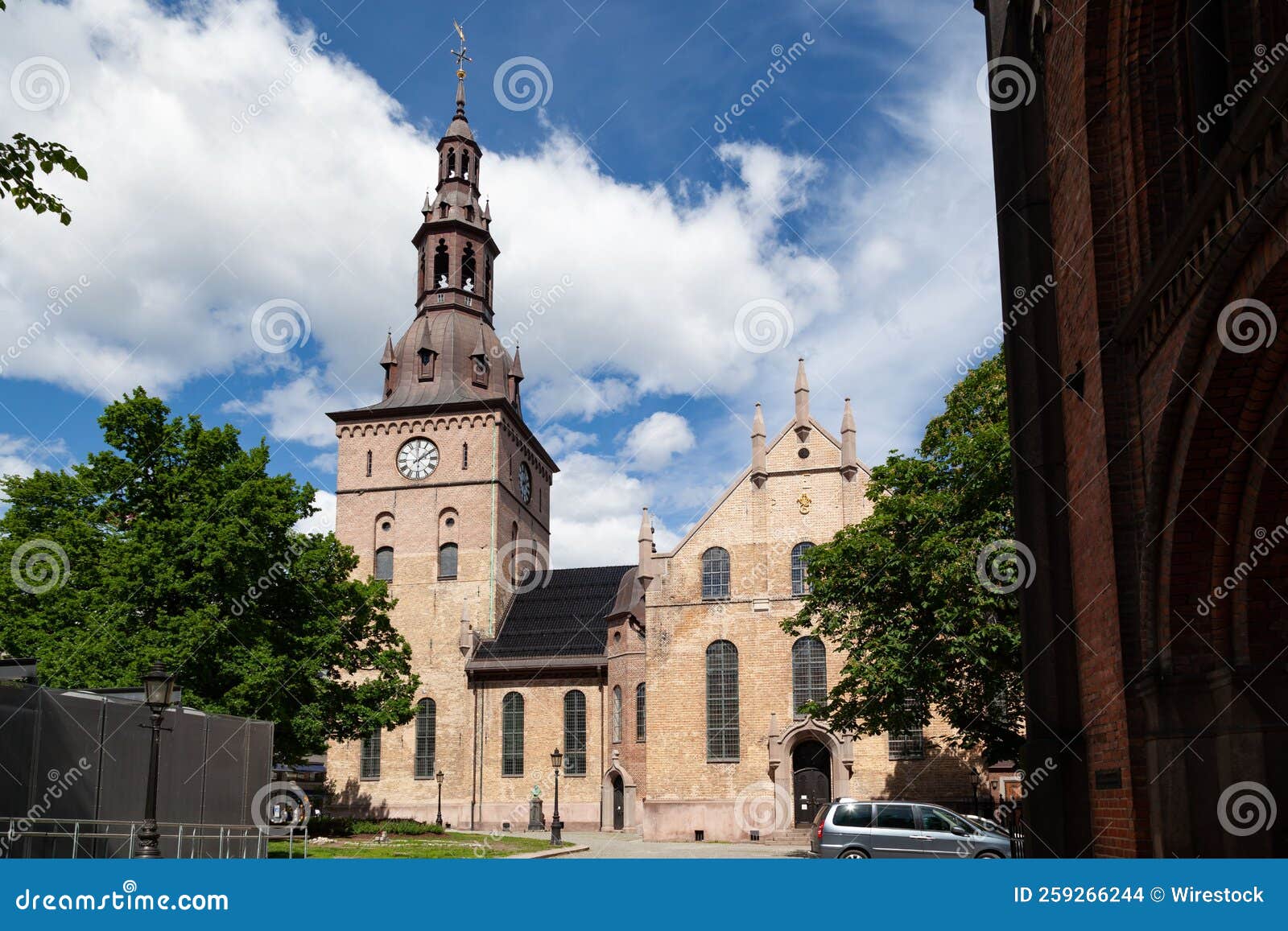 Facade of the Single Clock Tower of Oslo Cathedral, Norway Editorial ...