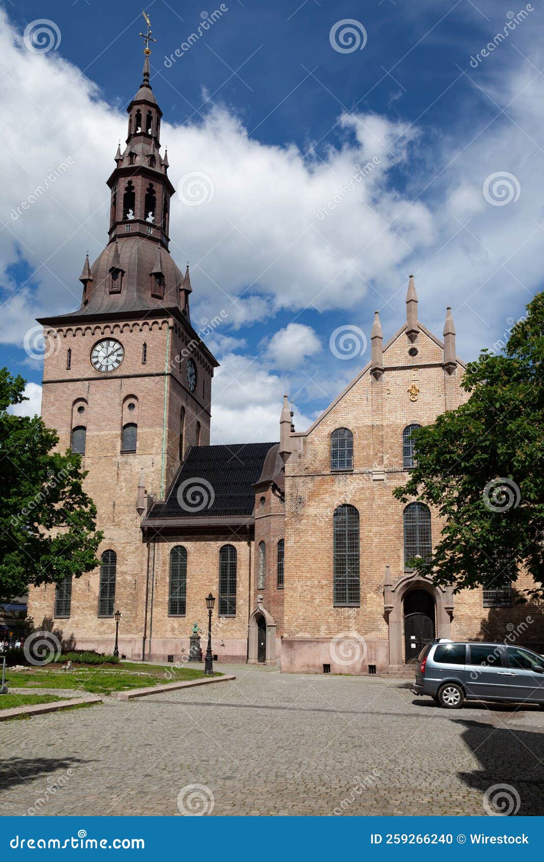 Facade of the Single Clock Tower of Oslo Cathedral, Norway, Vertical ...