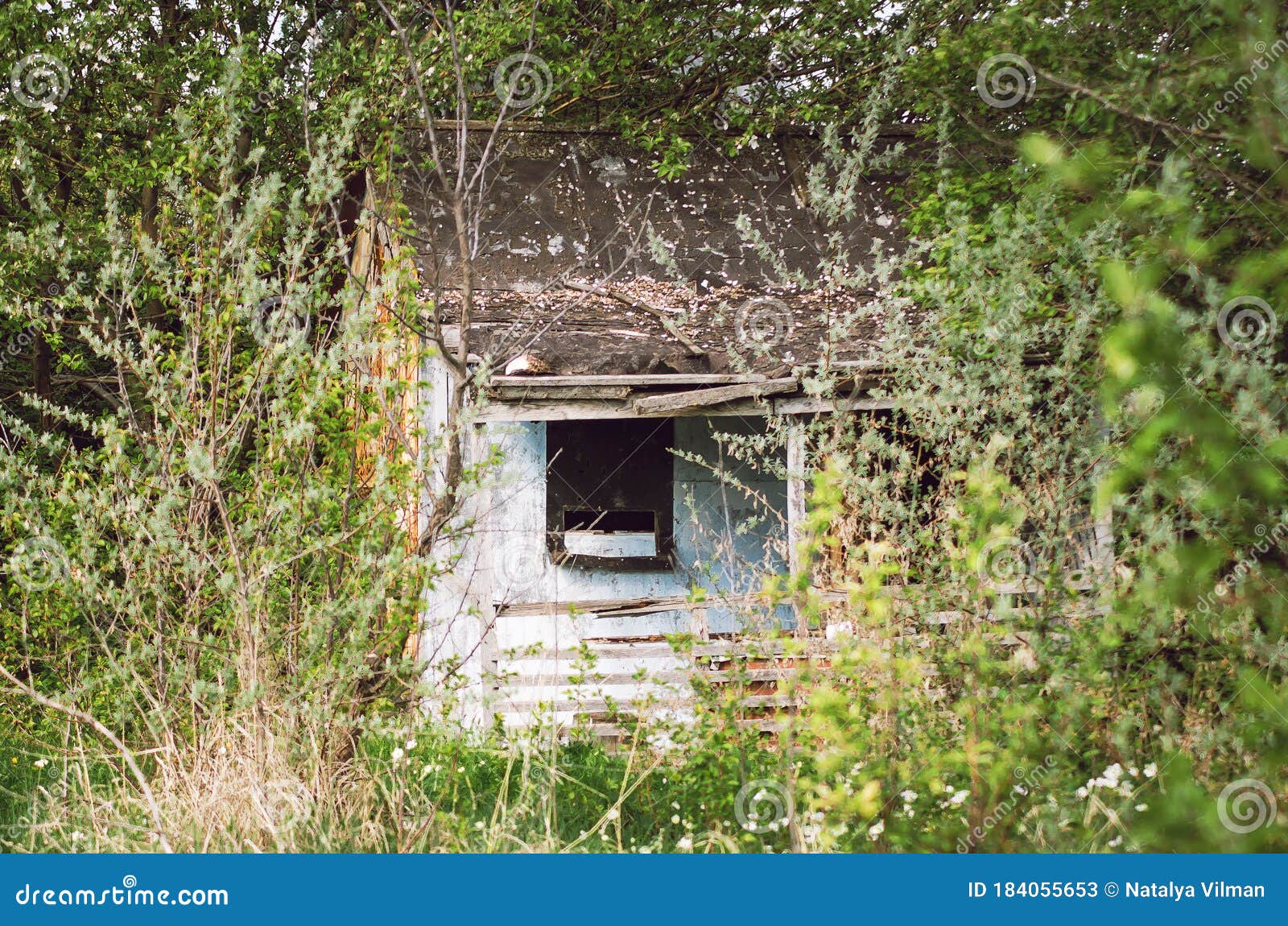 The Facade of a Small Destroyed House with Broken Windows among the ...