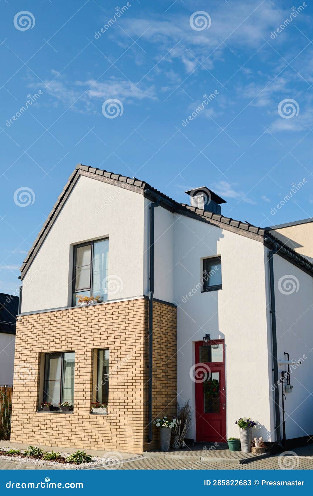 Facade of Small White Cottage with Three Windows and Closed Door Stock ...