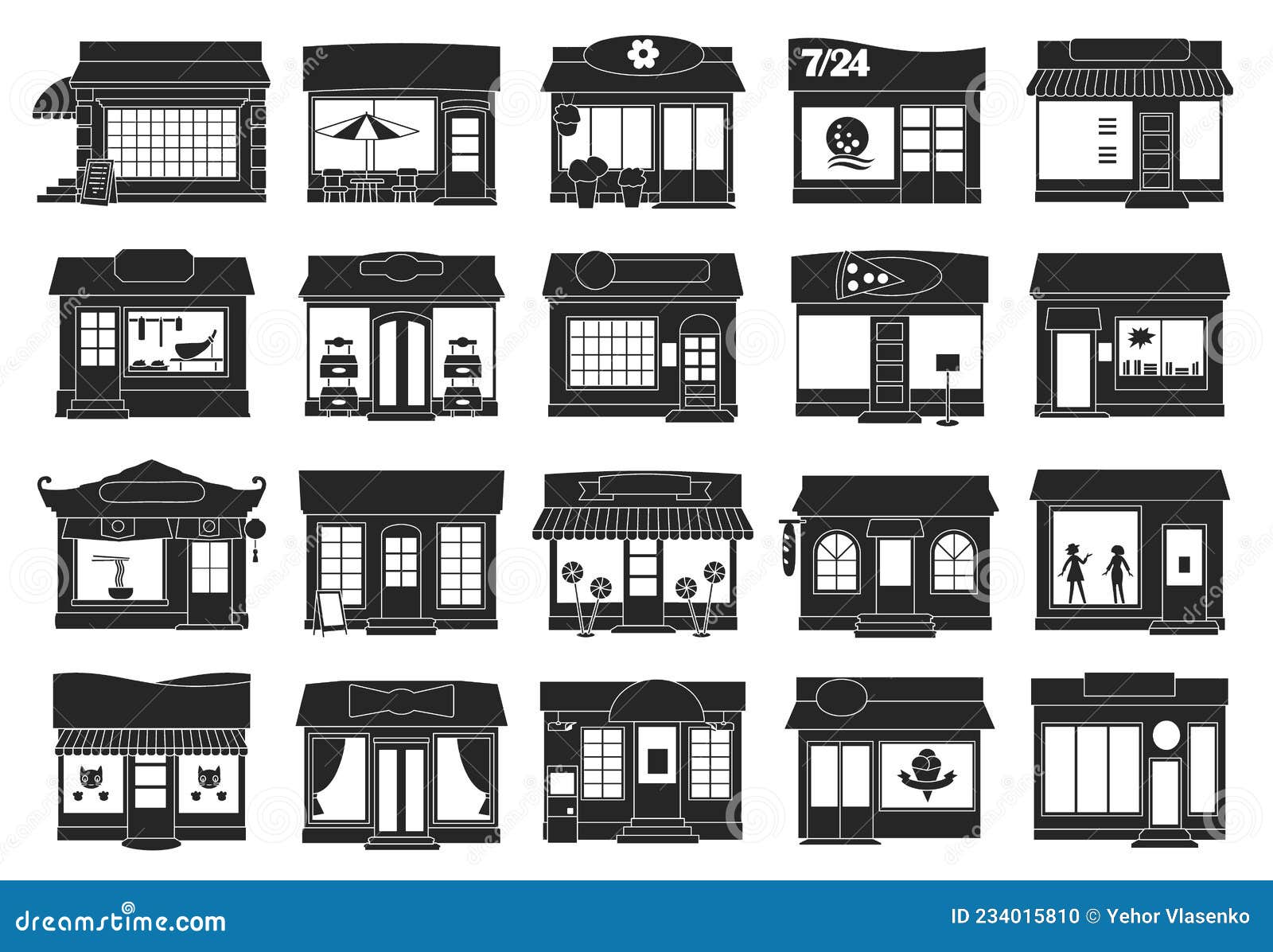 Facade Store Vector Black Set Icon. Vector Illustration Storefront on ...