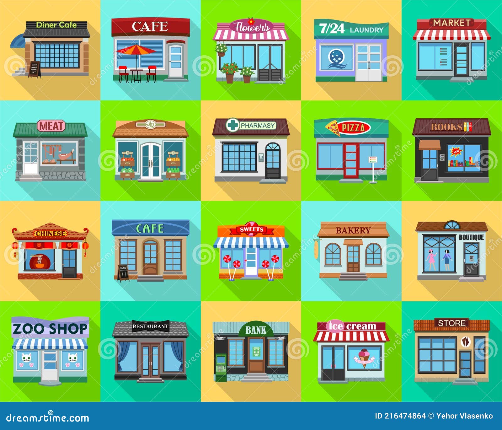 Facade Store Vector Flat Set Icon. Vector Illustration Storefront on ...