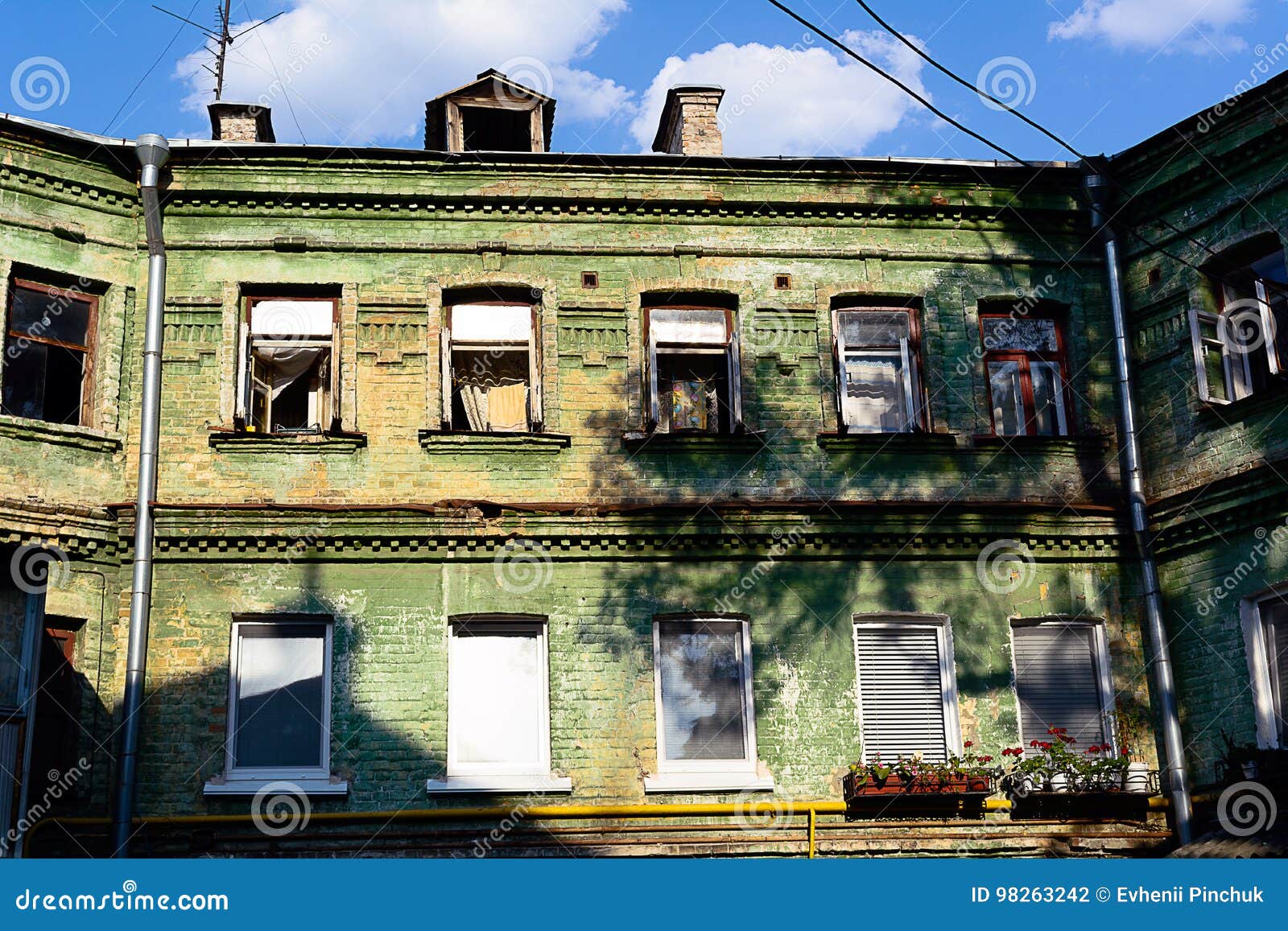 Facade of the Three-storey Green Brick Building Stock Photo - Image of ...