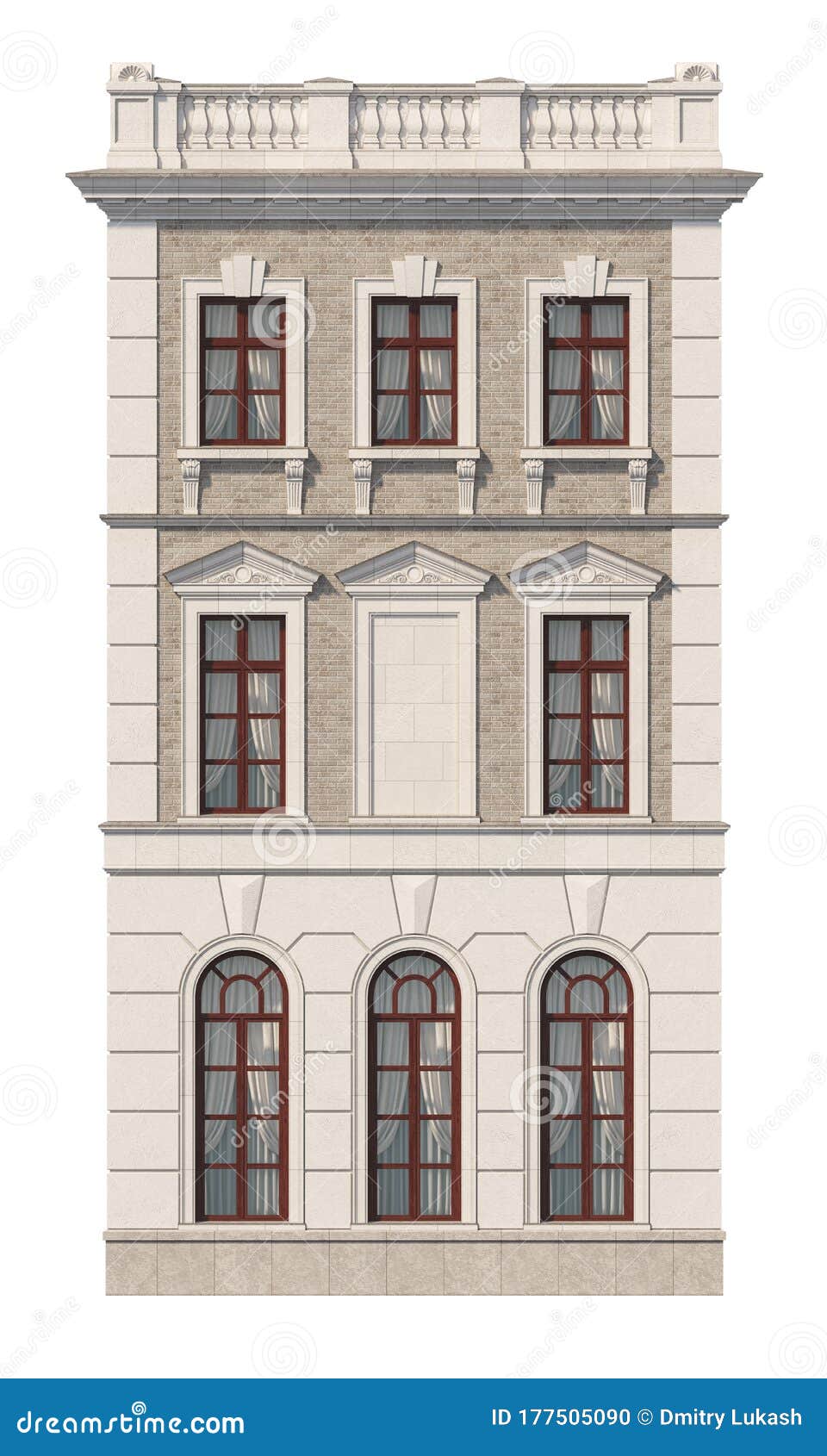 Facade of a Three-story Classic House with Windows. 3D Rendering Stock ...