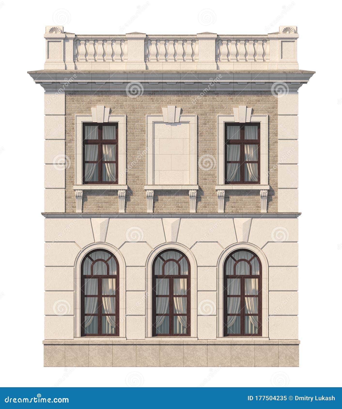 Facade of a Two-story Classic House with Windows. 3D Rendering Stock ...