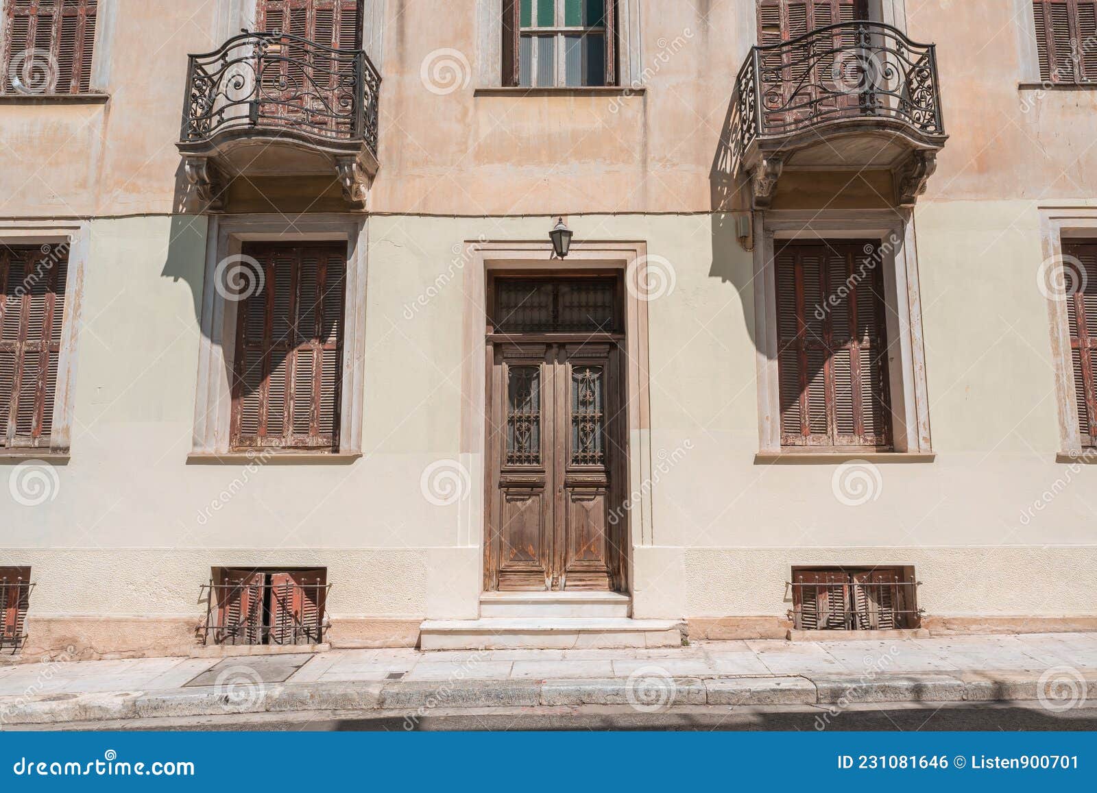 Facade View of Classical Greek Building with Windows and Doors Stock ...