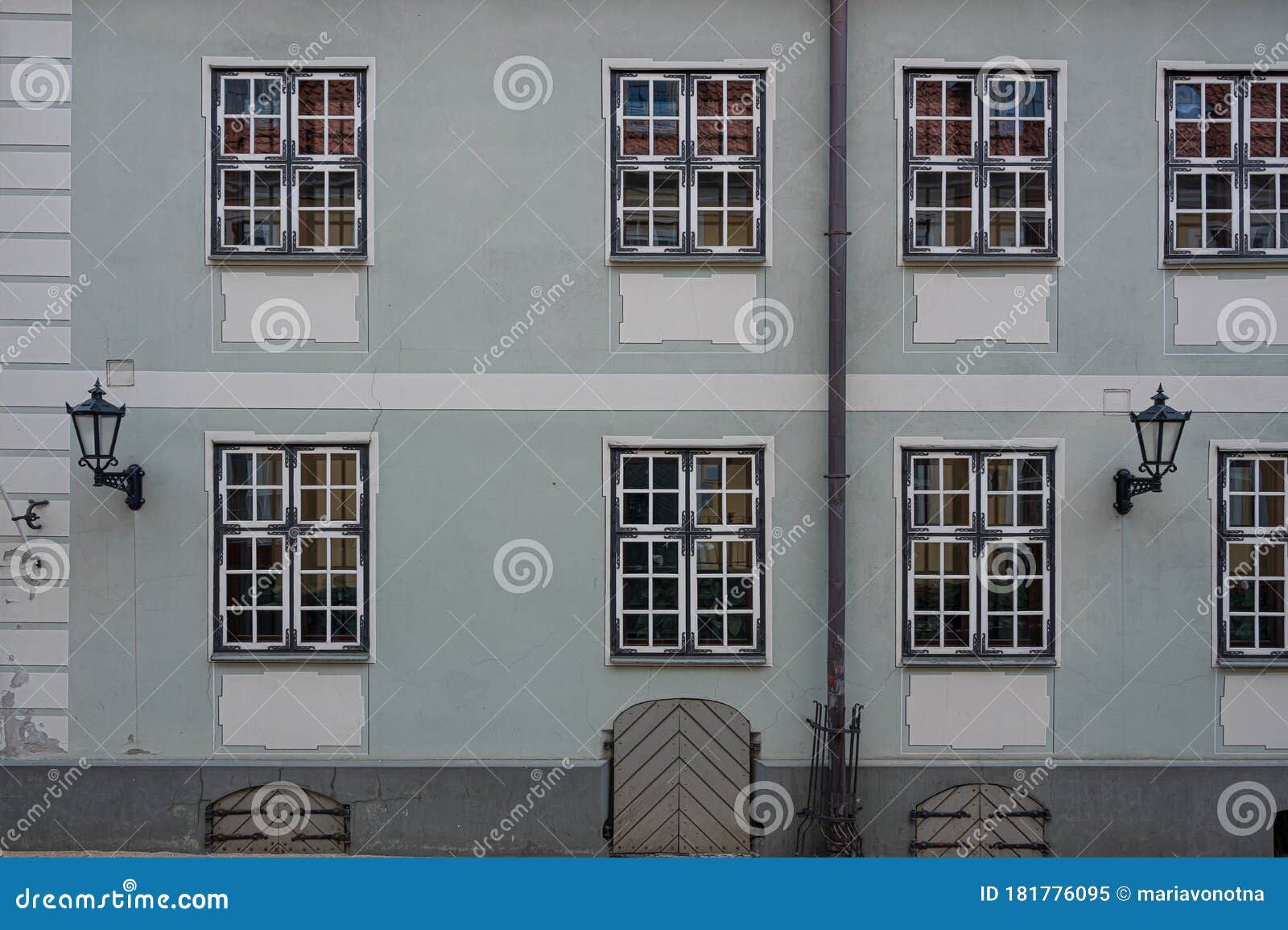 Facade with Windows of Light Blue Historic Building Stock Image - Image ...