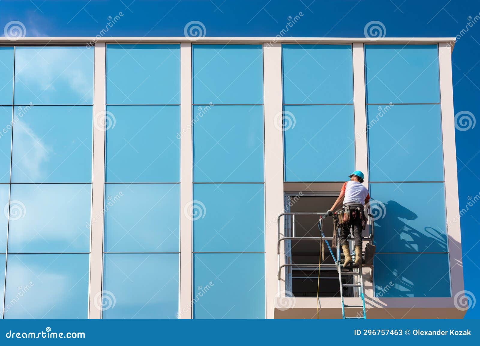 Facade Worker Clean Up the House Windows of Modern Building with a ...