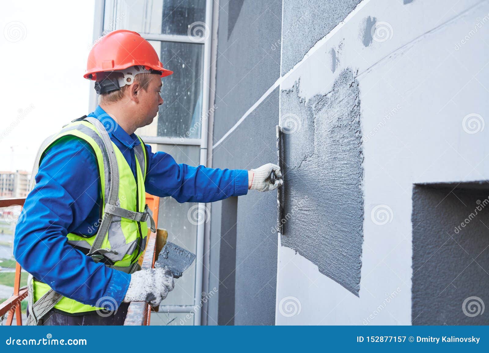 Facade Worker Plastering External Wall of Building Stock Image - Image ...