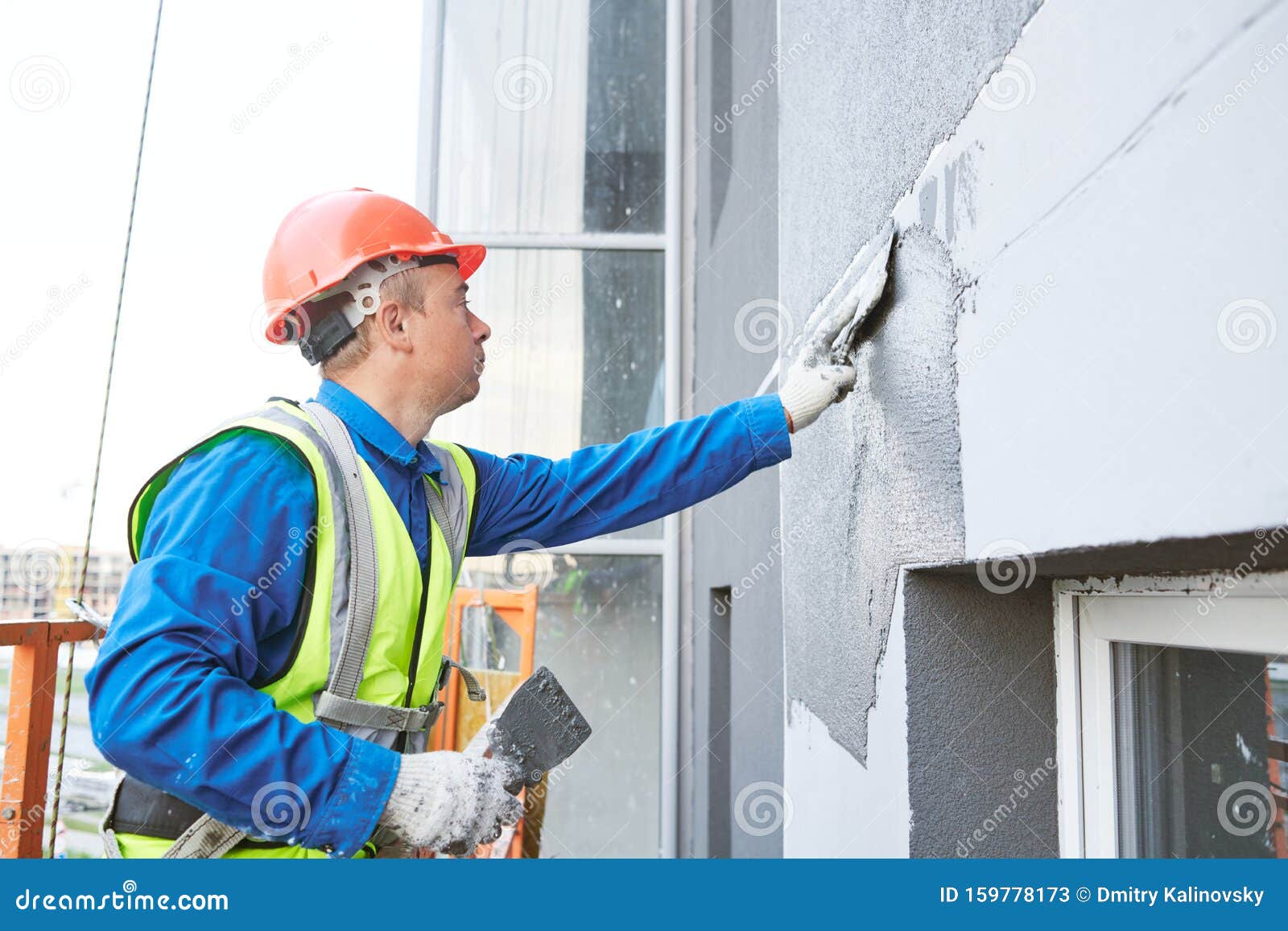 Facade Worker Plastering External Wall of Building Stock Image - Image ...