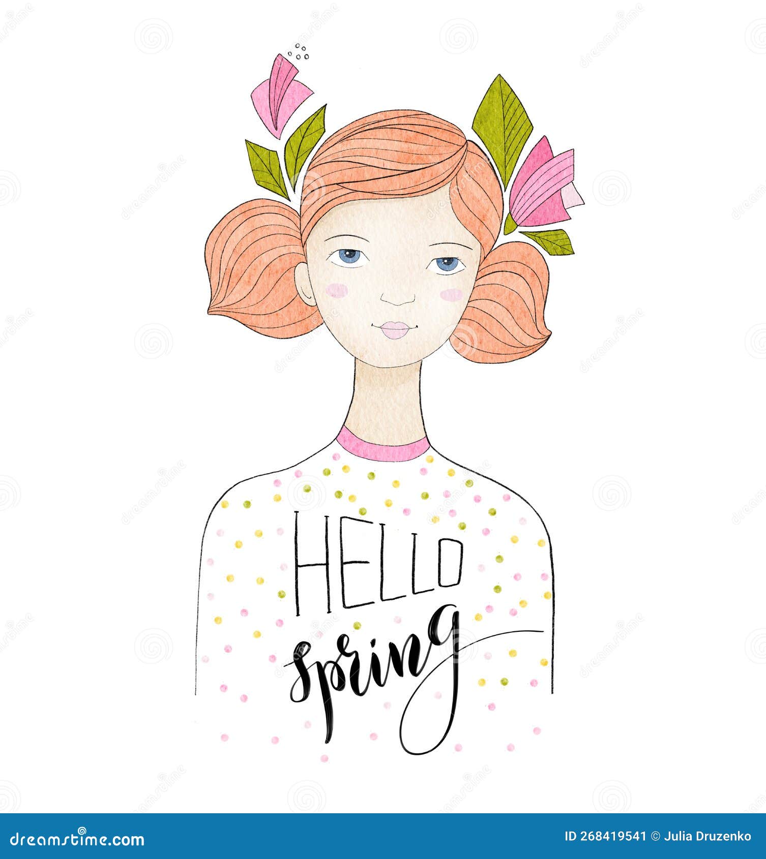 Cute Young Girl with Ginger Hair and Flowers. Hello Spring Lettering ...