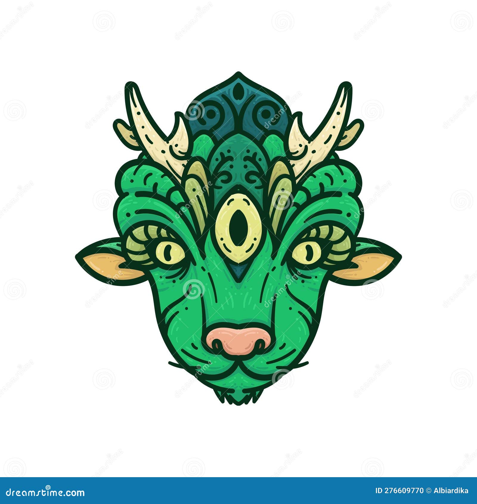 Green Three Eye Goat Lamb Monster Mythology Beast Face Design Stock ...