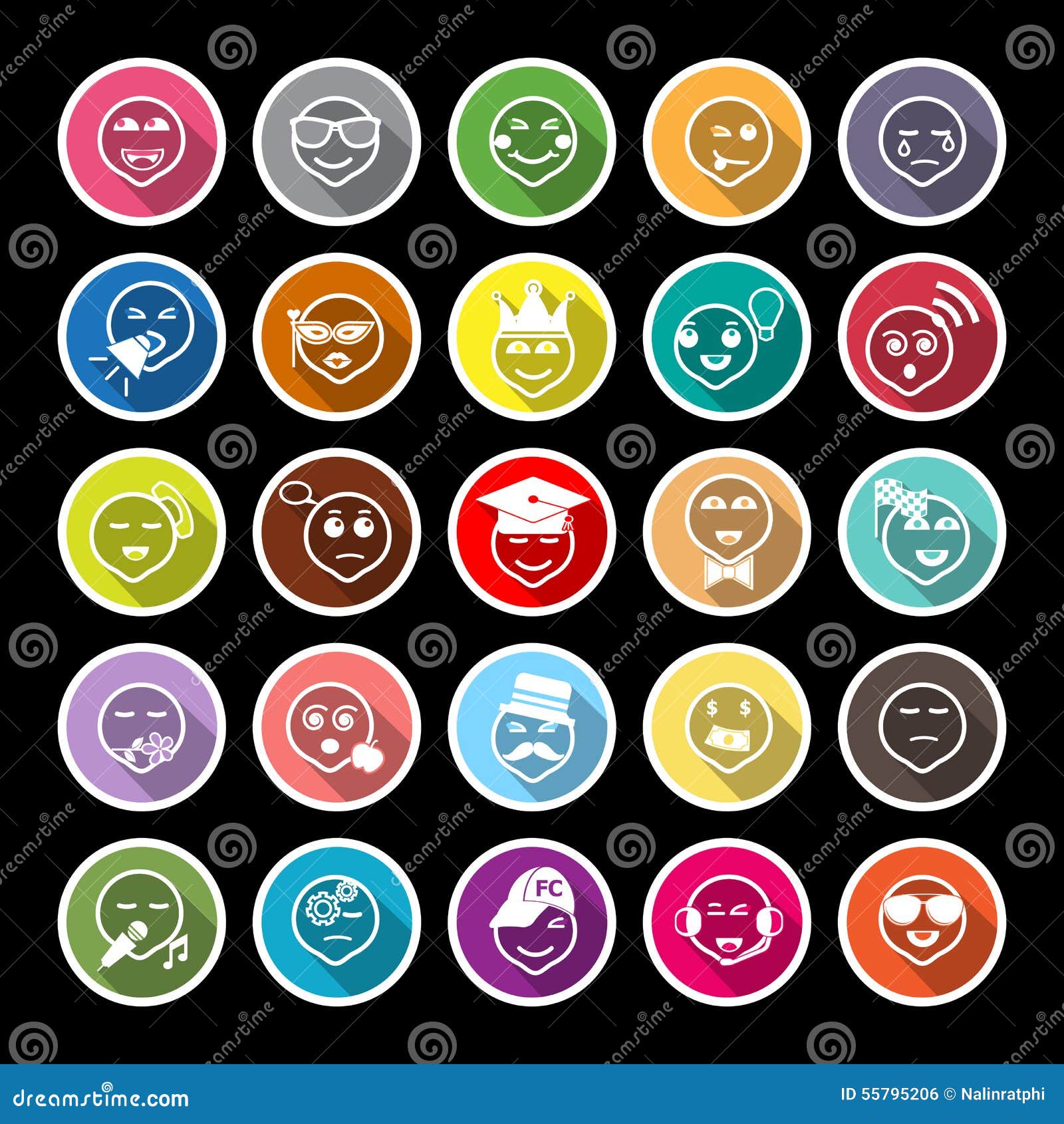 Face Action Line Flat Icons with Long Shadow Stock Vector ...