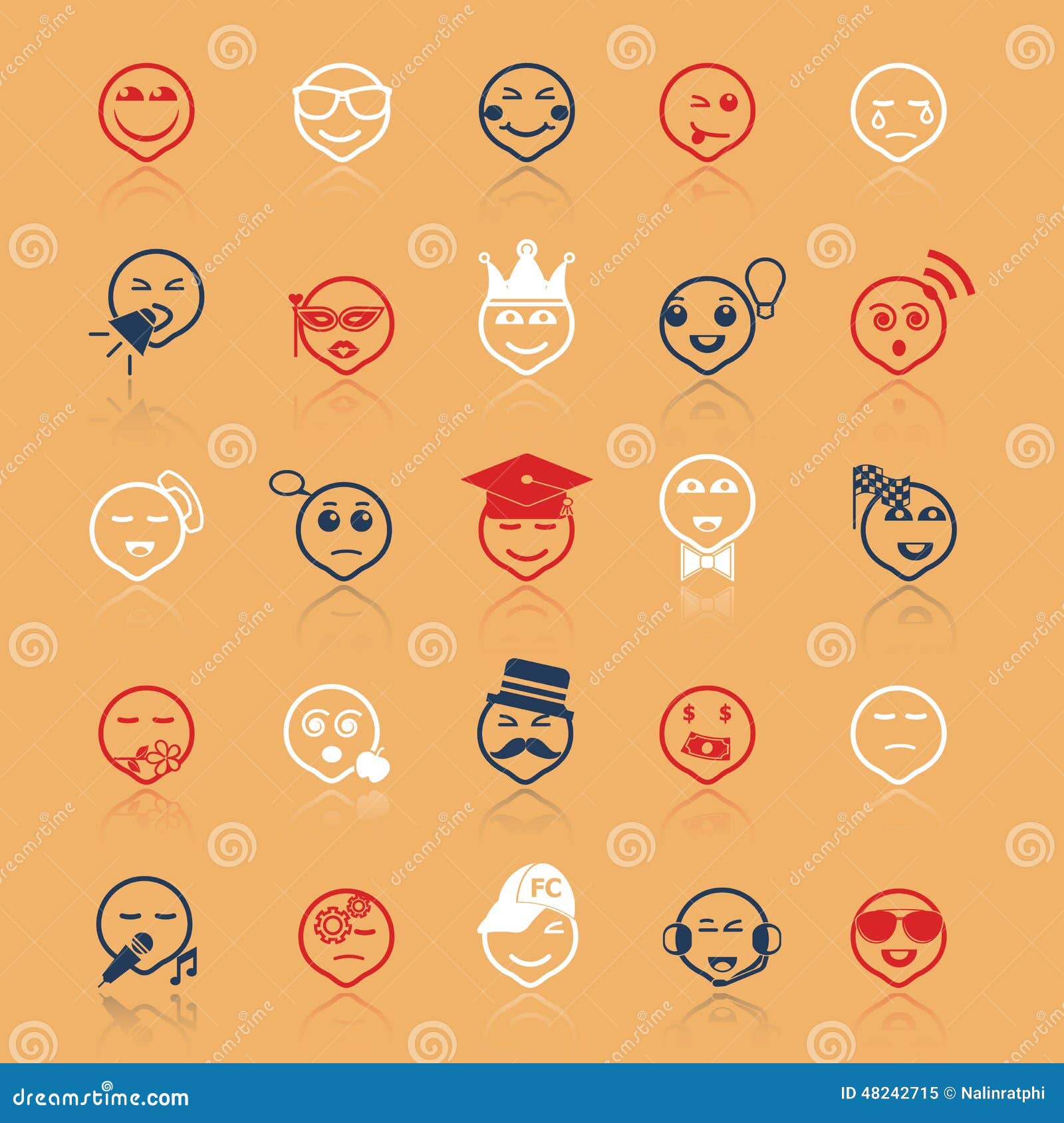 Face Action Line Icons Flat Color with Reflect Stock Vector ...