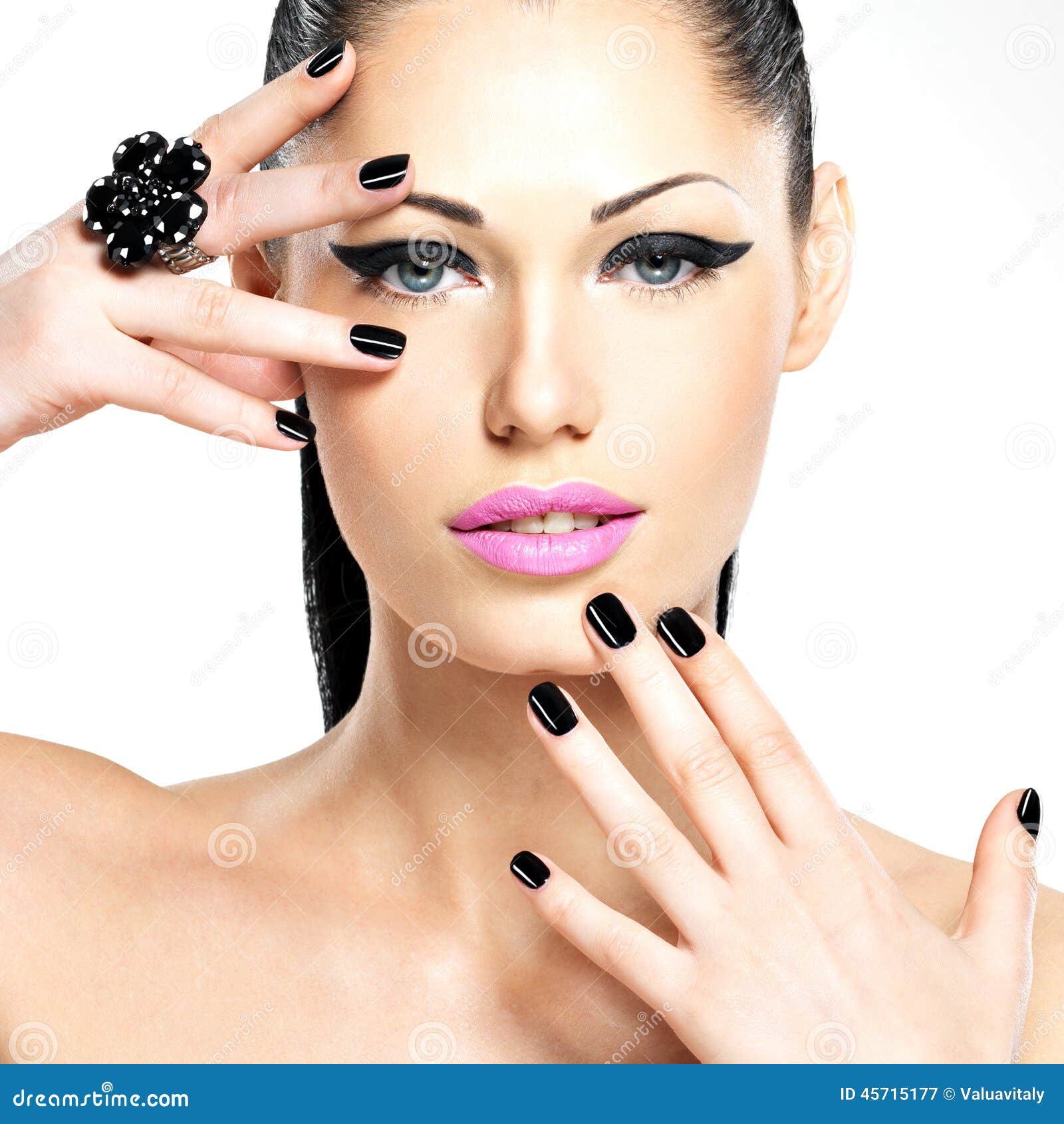 Face Of The Beautiful Woman With Black Nails And Pink Lips Stock Image