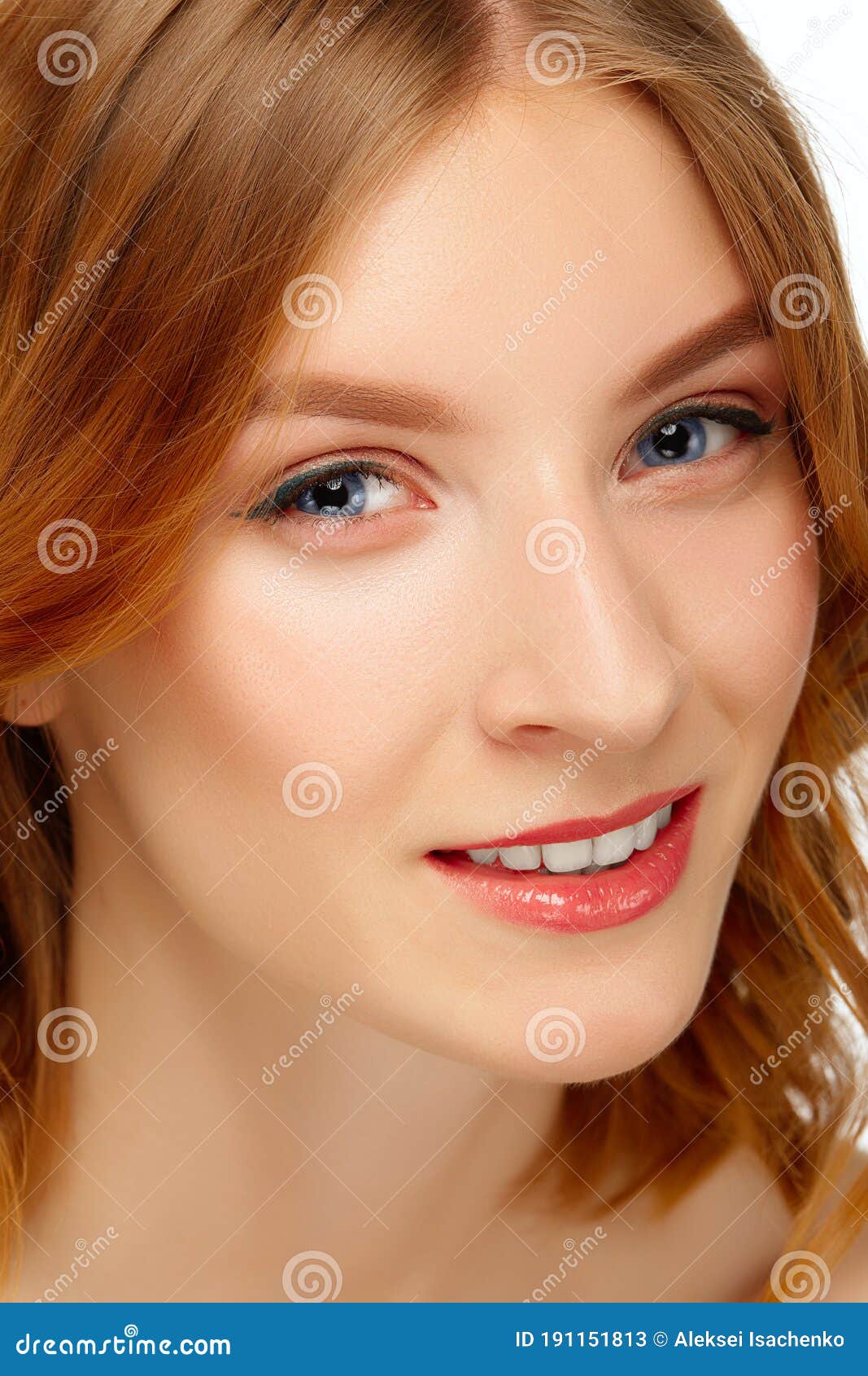 Face Of Beautiful Woman With Blue Eyes And Red Lips Beauty Portrait