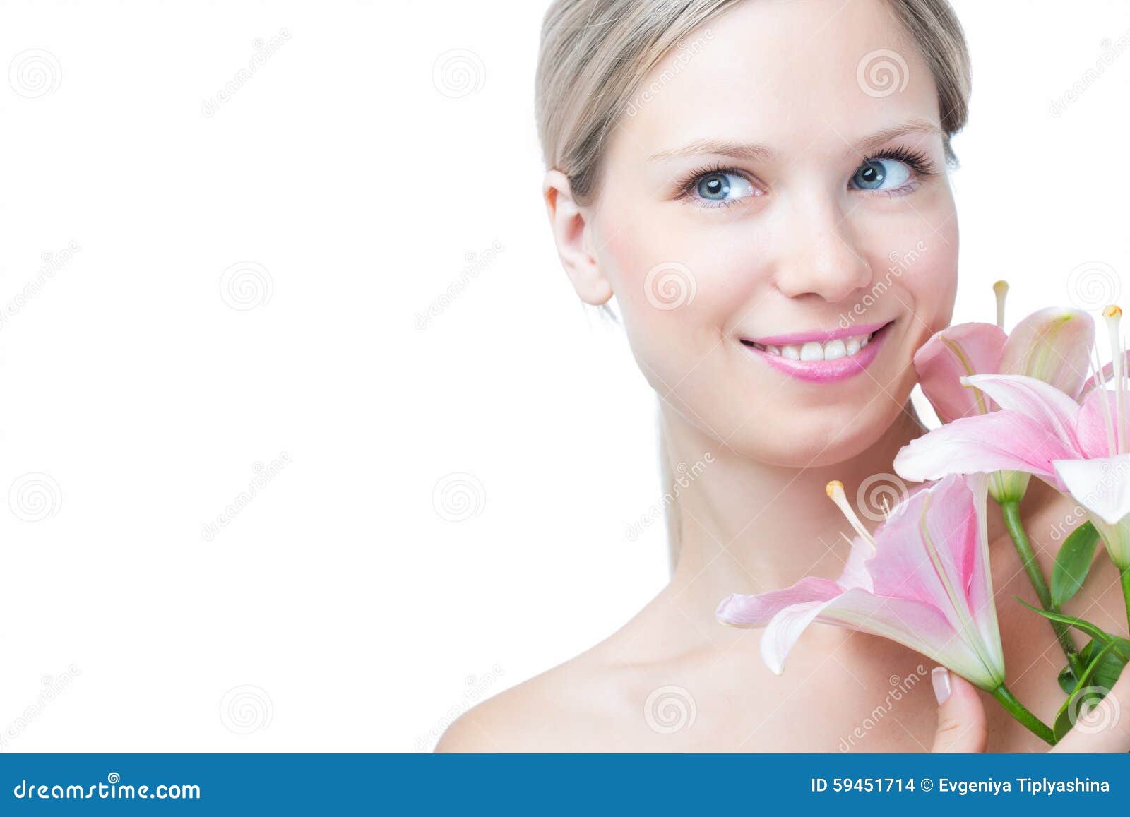 Face of a Beautiful Woman with Lily Stock Photo - Image of makeup ...