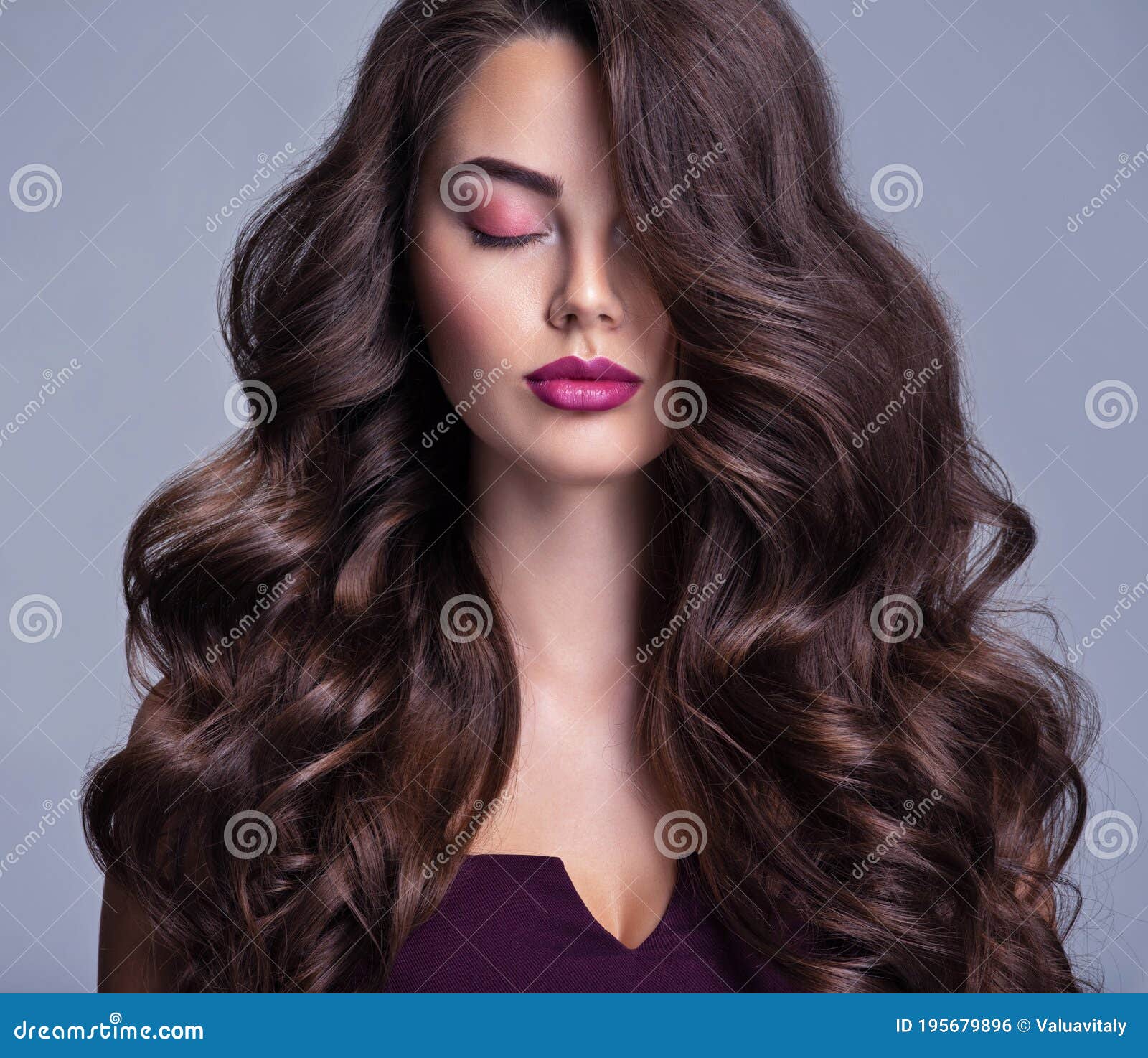 Face Of A Beautiful Woman With Long Brown Curly Hair Fashion Model