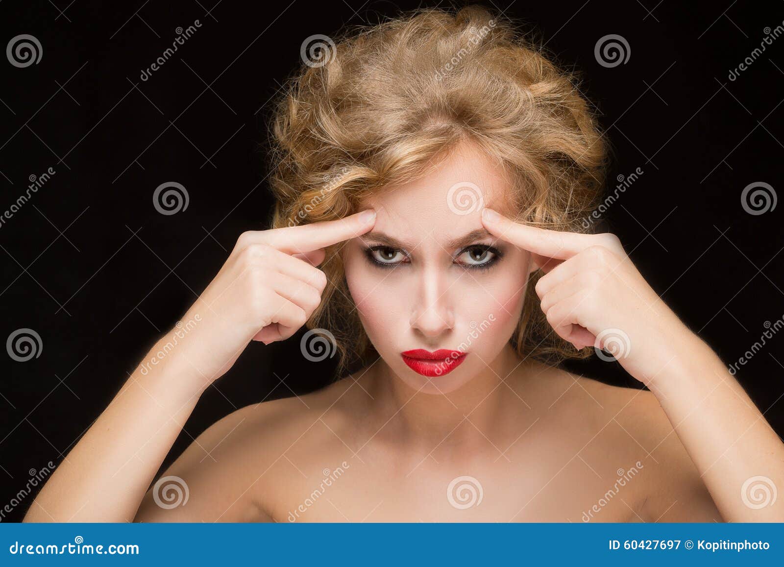 Face of Beautiful Woman Pointing at Her Forehead Stock Image - Image of ...