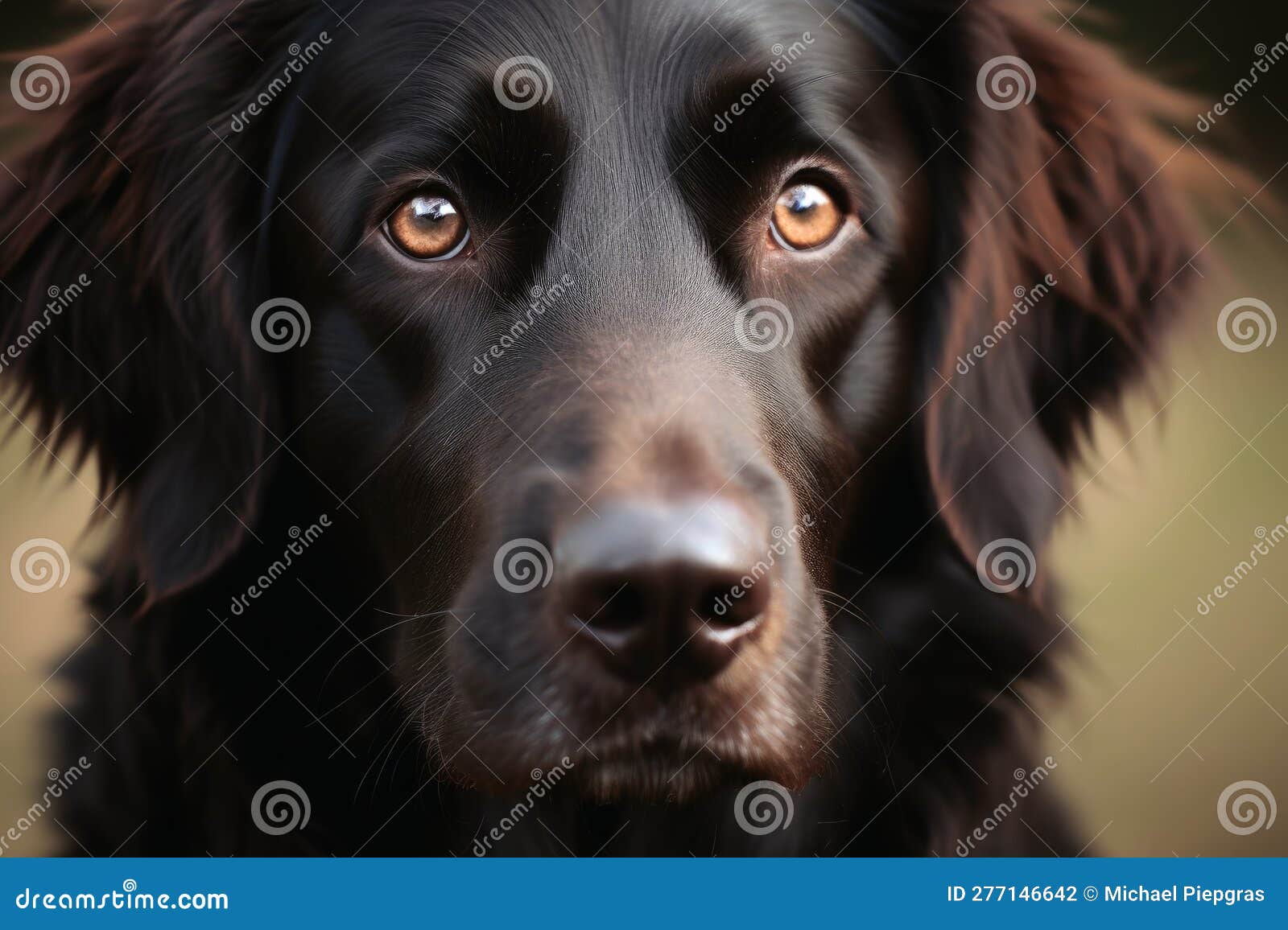 The Face of a Black Flat Coat Retriever Looking Straight at the Camera ...
