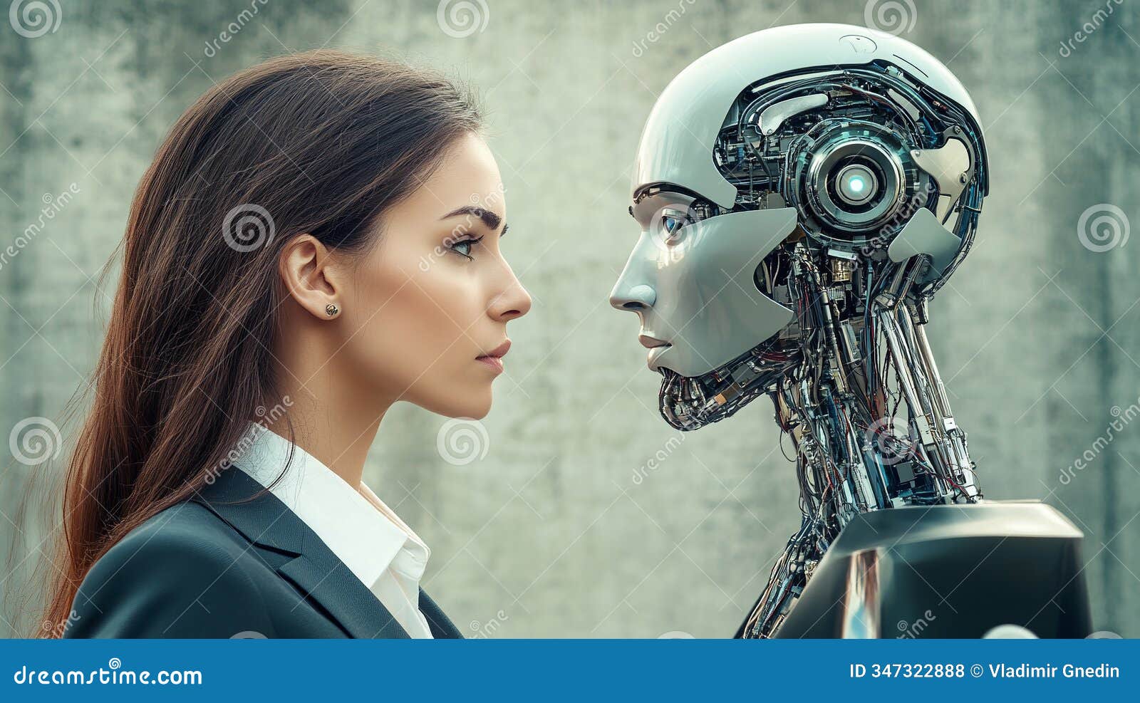 The Face of the Businesswoman and the Robot Opposite Each Other Look ...